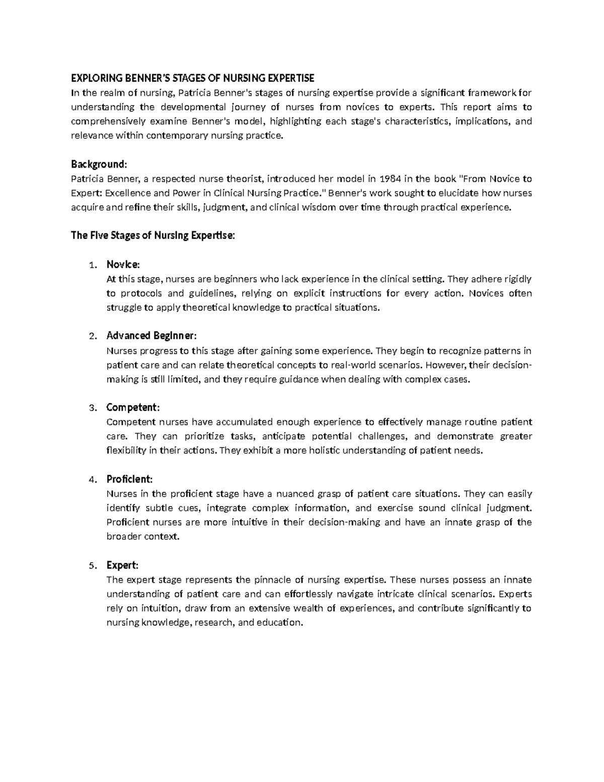 Benners Stages of Nursing Expertise - This report aims to ...