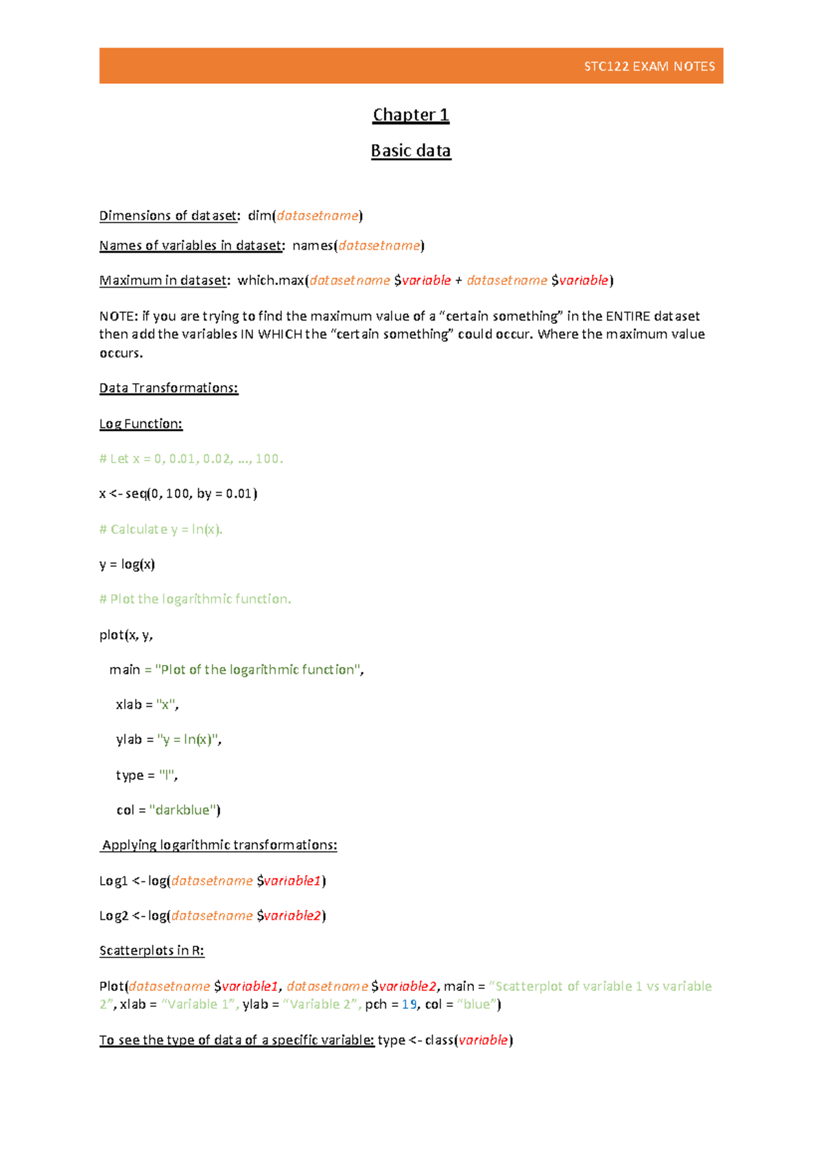STC122 Exam notes - Chapter 1 Basic data Dimensions of dataset: dim ...