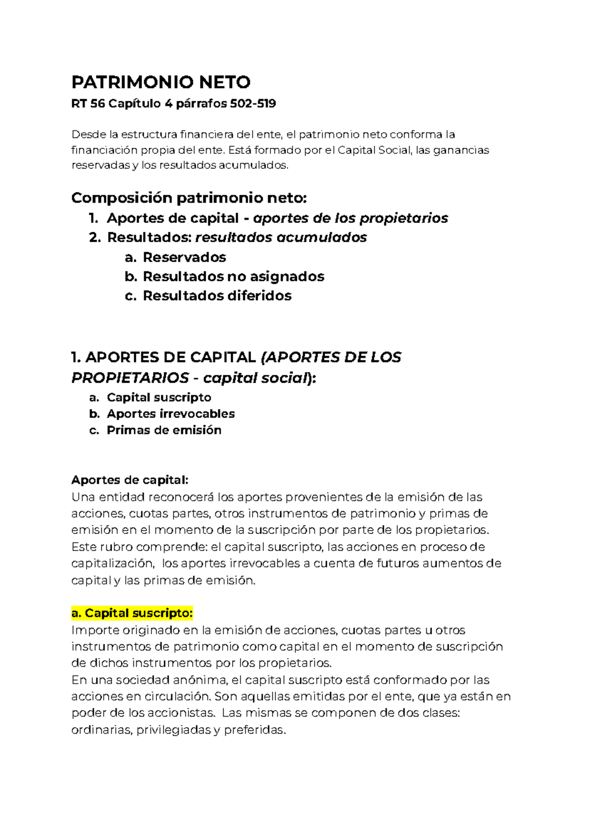 Patrimonio neto - resumen - PATRIMONIO NETO RT 56 Capítulo 4 párrafos ...