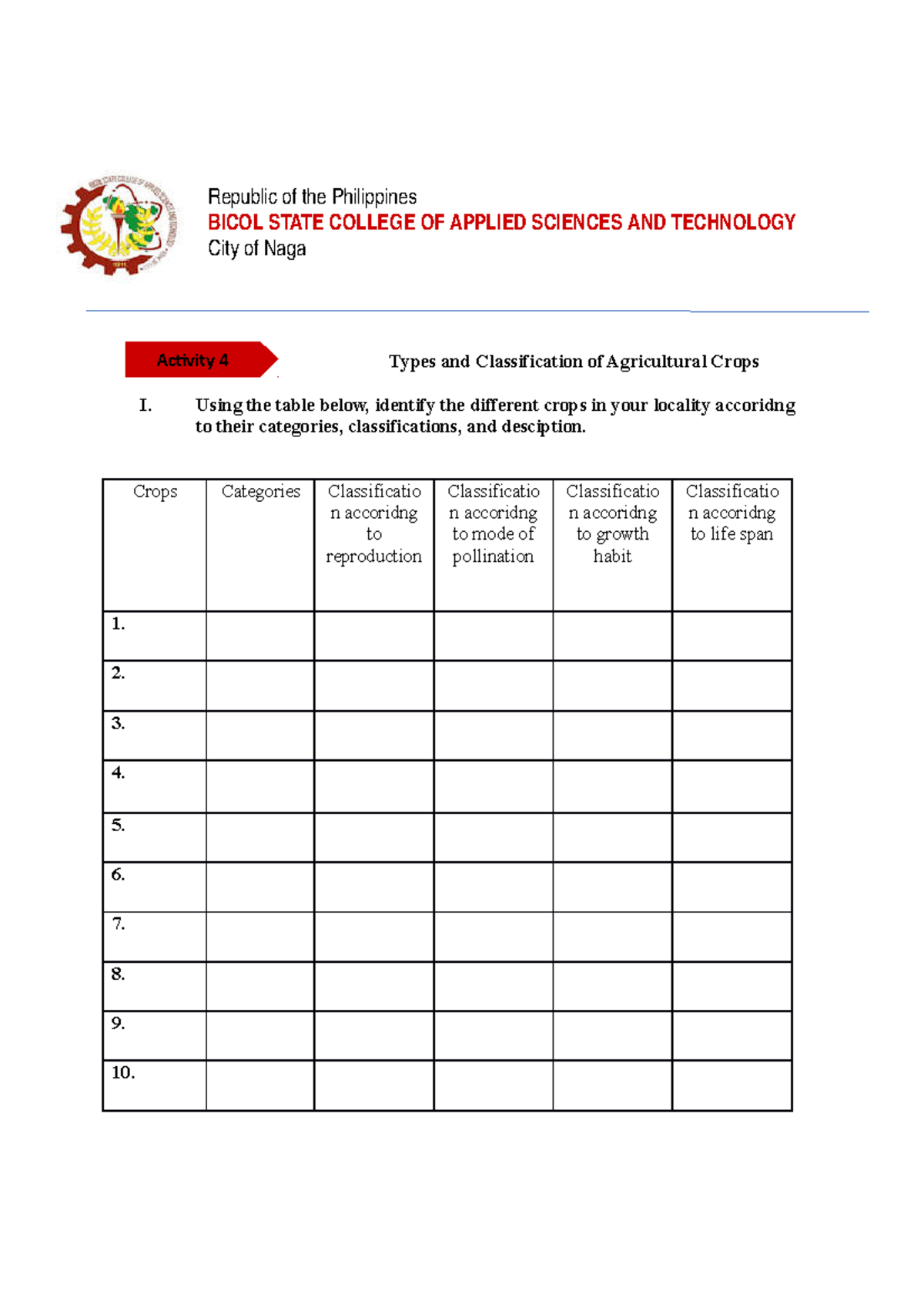 Activity 4- Types and Classification of Agricultural Crops - Agri ...