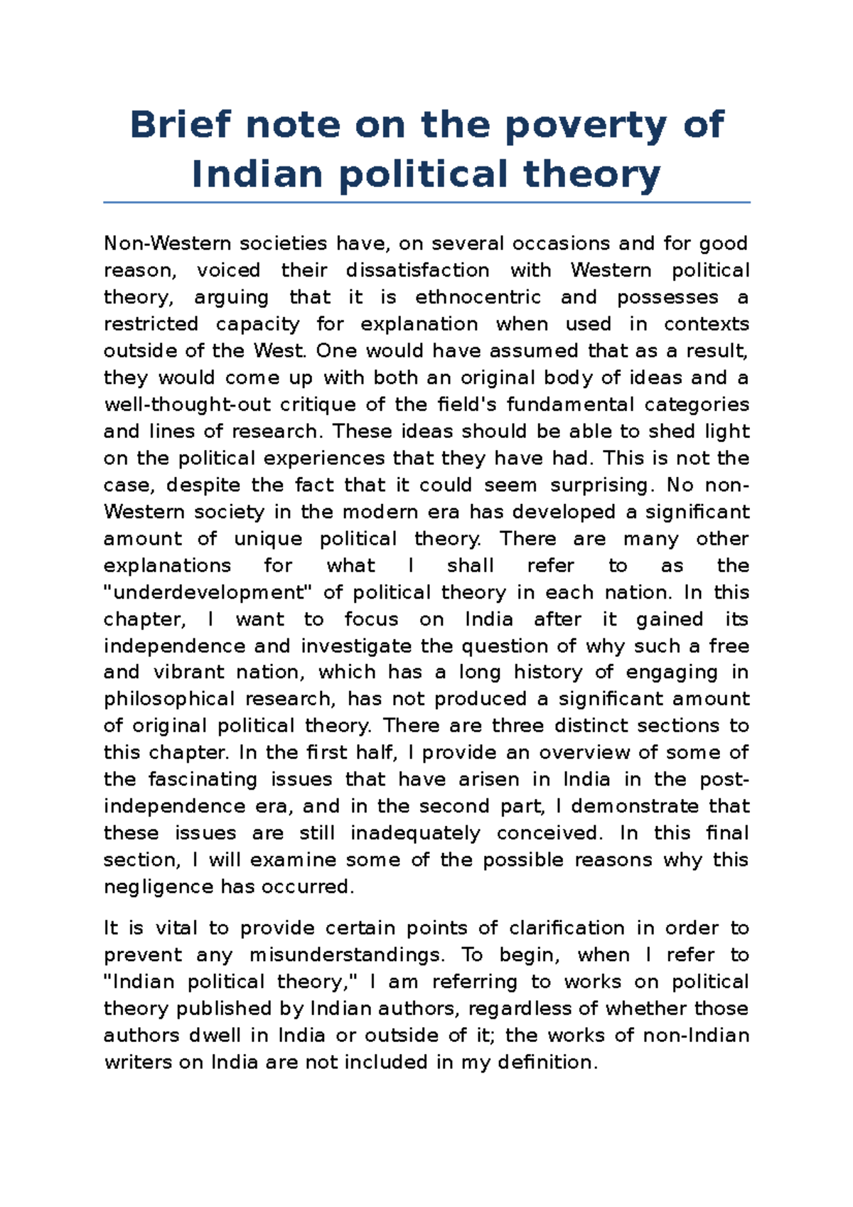 Brief note on the poverty of Indian political theory - Brief note on ...