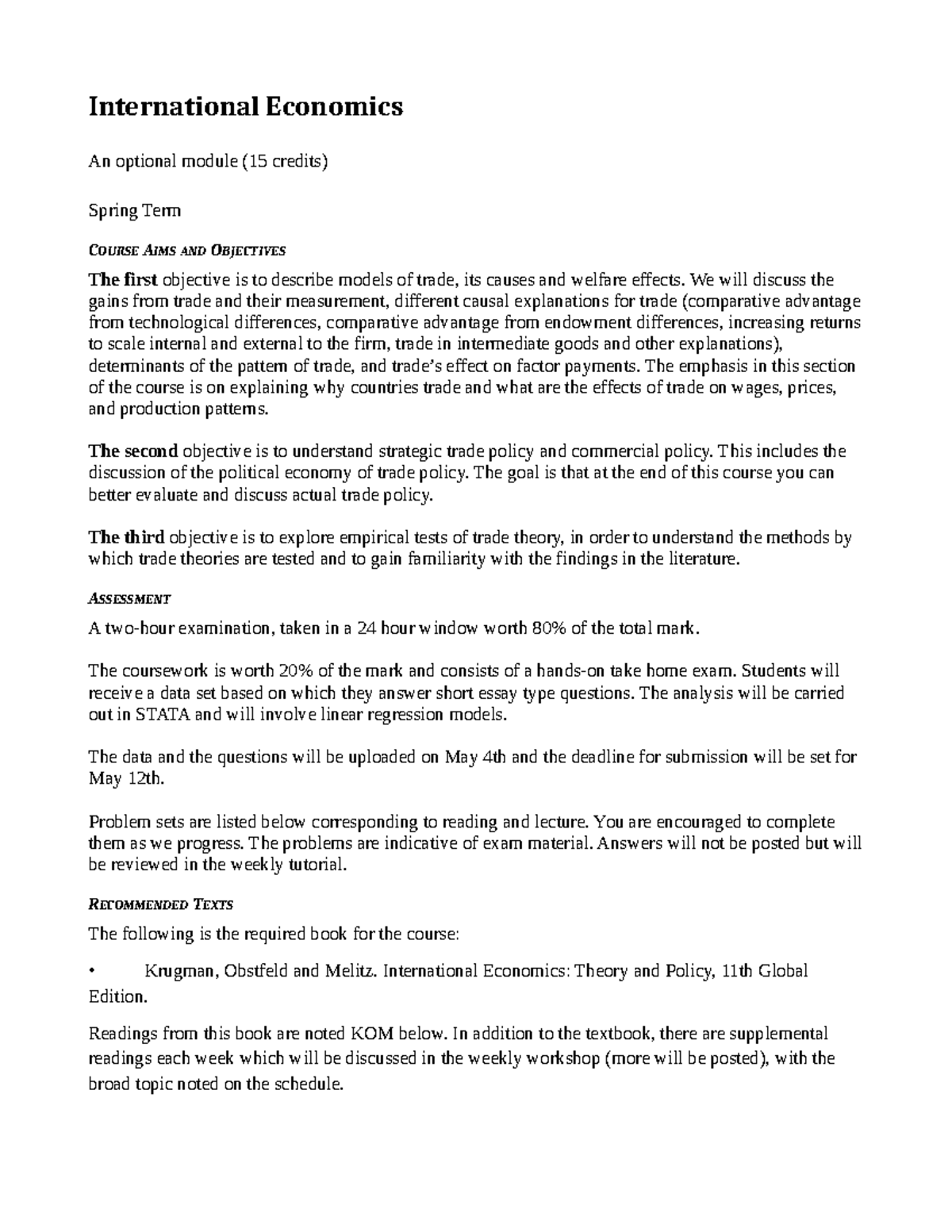 MSTrade Syllabus - International Economics An optional module (15 ...