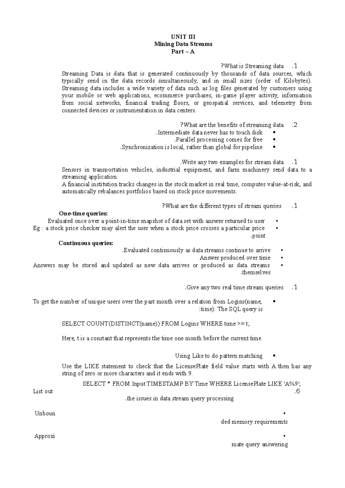 Unit3 Data analytics - UNIT III Mining Data Streams Part – A ?What is ...