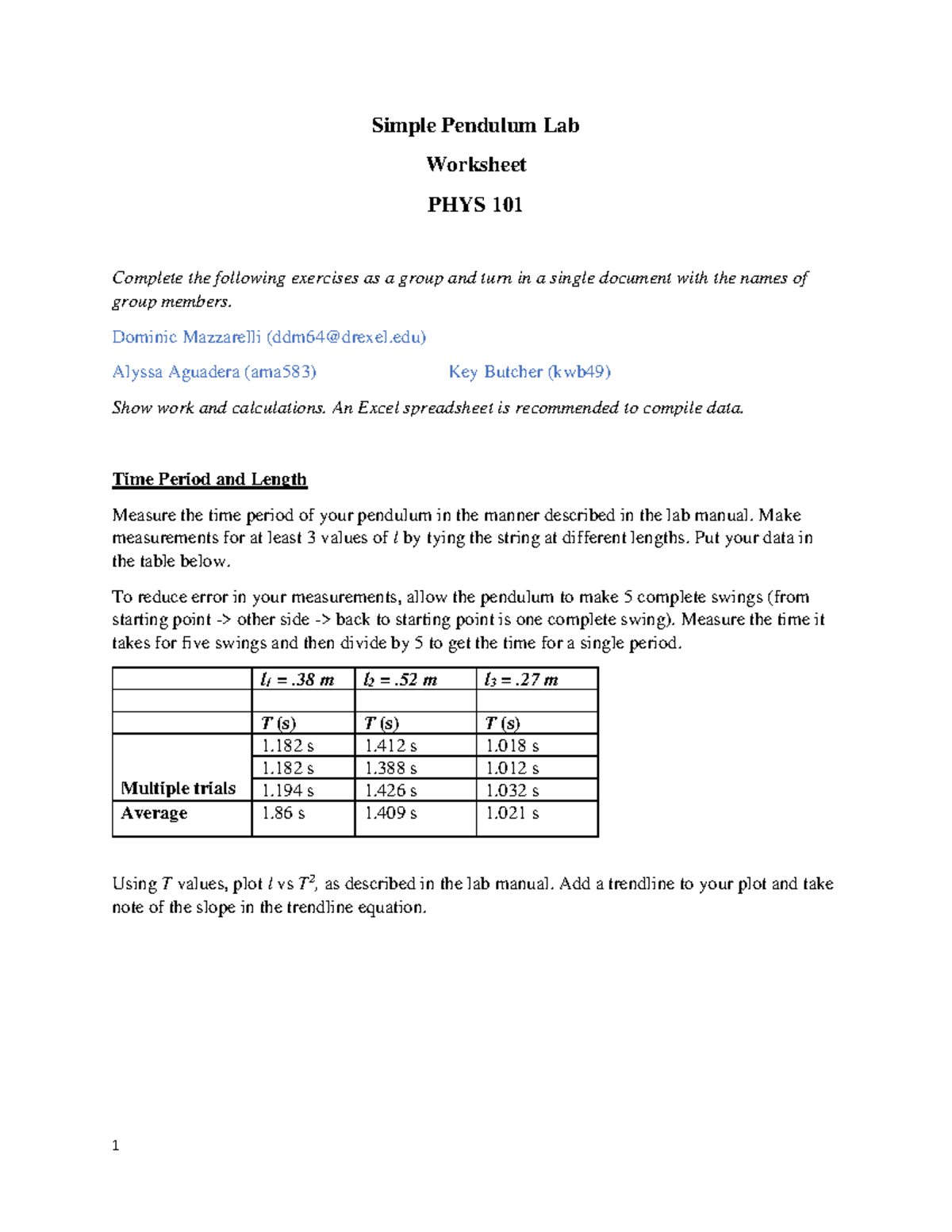 The Simple Pendulum - Worksheet 010422 - Simple Pendulum Lab Worksheet ...