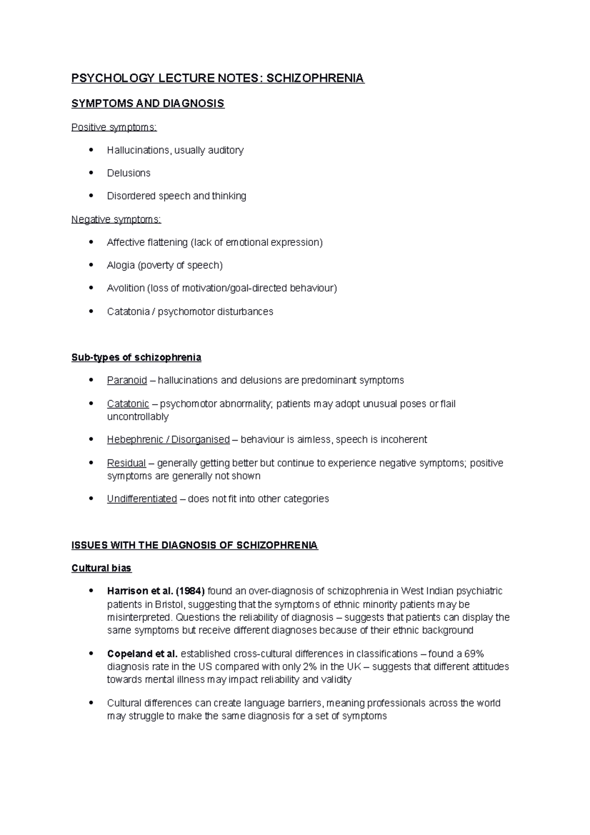 Schizophrenia Lecture notes - PSYCHOLOGY LECTURE NOTES: SCHIZOPHRENIA ...