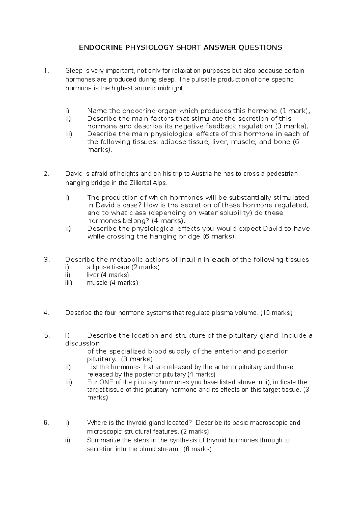 Endocrine SAQs - ... - ENDOCRINE PHYSIOLOGY SHORT ANSWER QUESTIONS ...