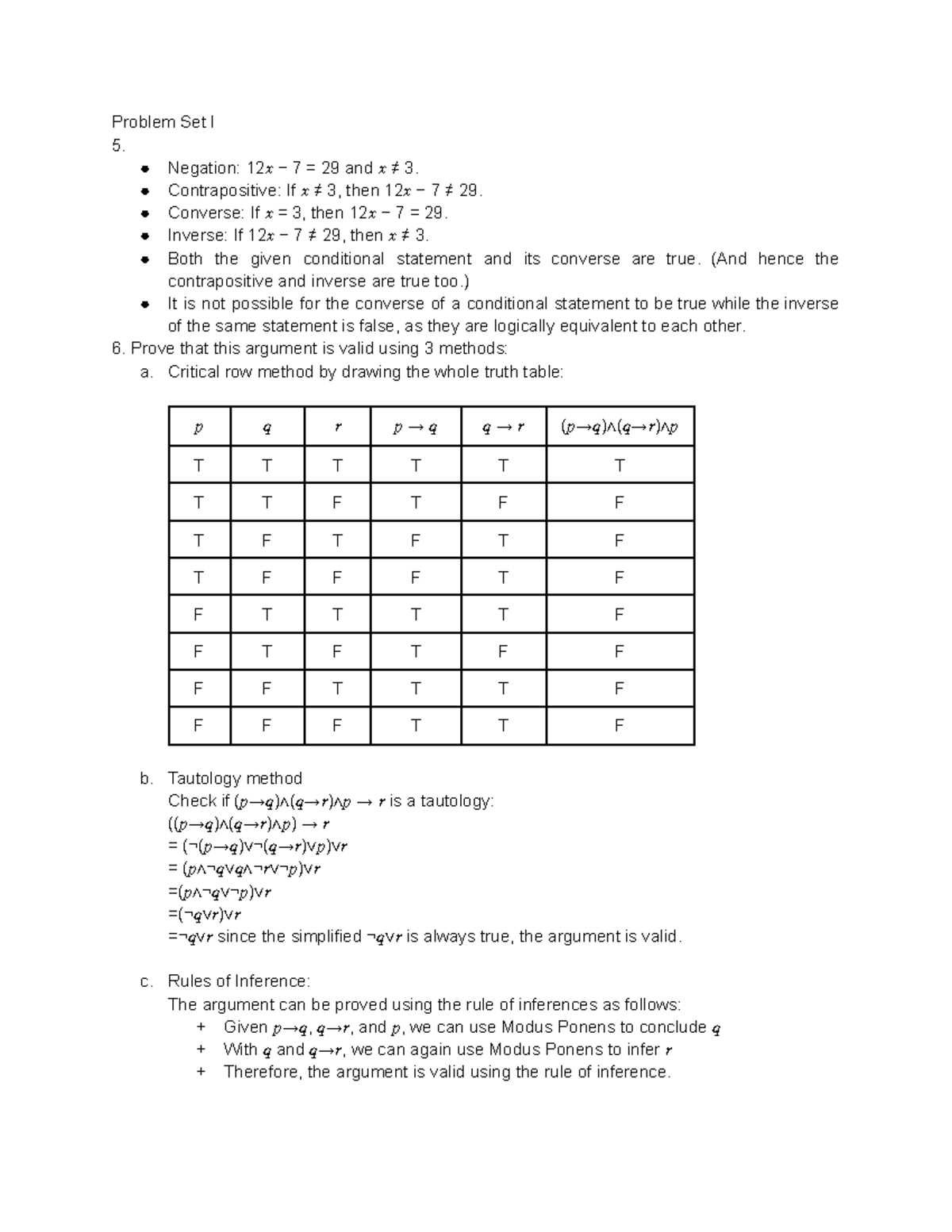 Problem Set I And Ii Practice For Midterm Problem Set I 5 Negation 12𝑥 − 7 29 And 𝑥 ≠ 3