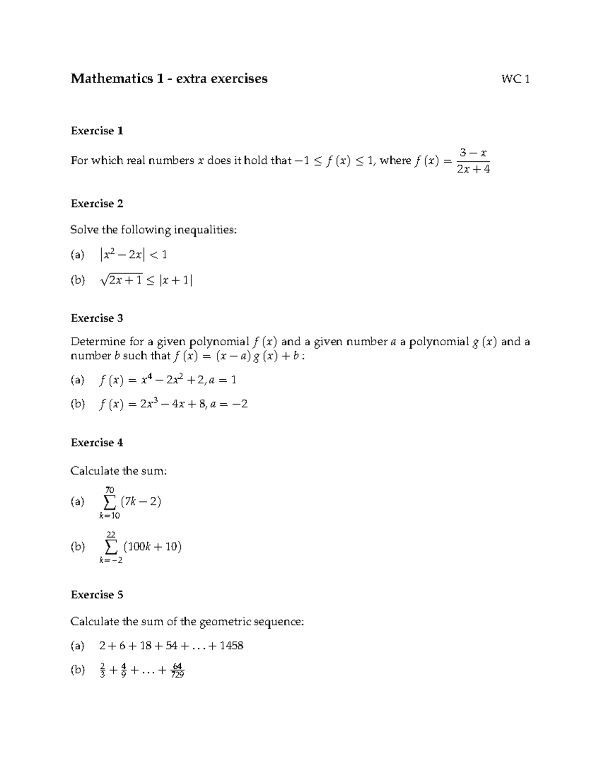 WC 1 exercises - Opdrachten gegeven in het 1e werkcollege - Mathematics ...