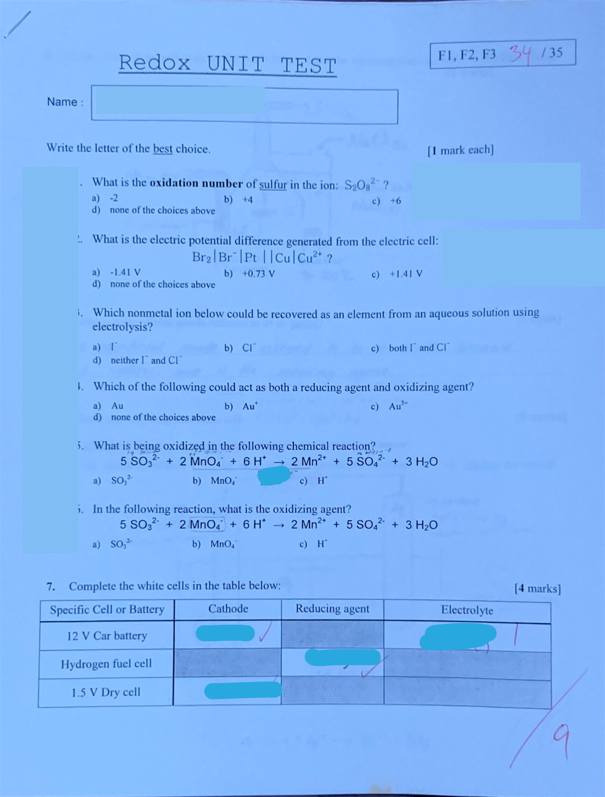 N - Test #6 Redox Reactions (with Ans) - Redox UNIT TEST F1,F2,F3 34 ...