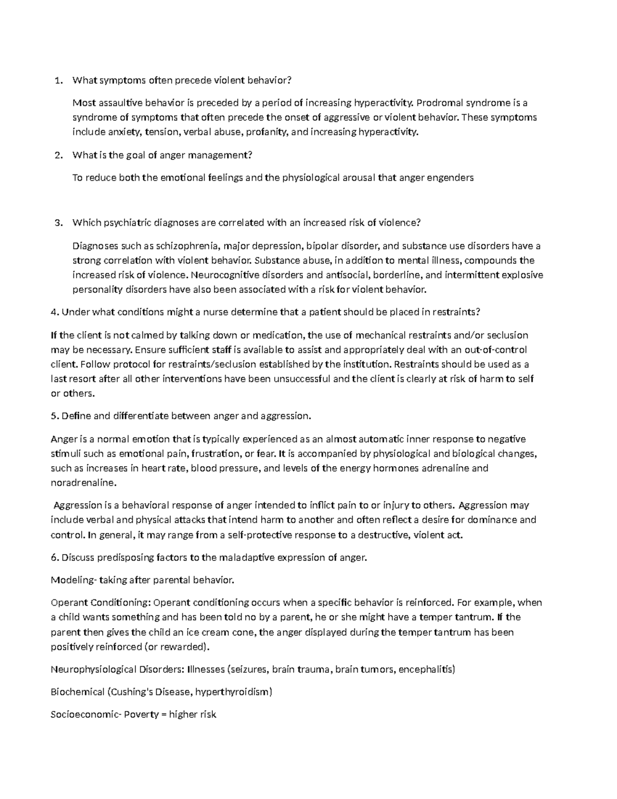 CS Chapter 15-1 - What symptoms often precede violent behavior? Most ...