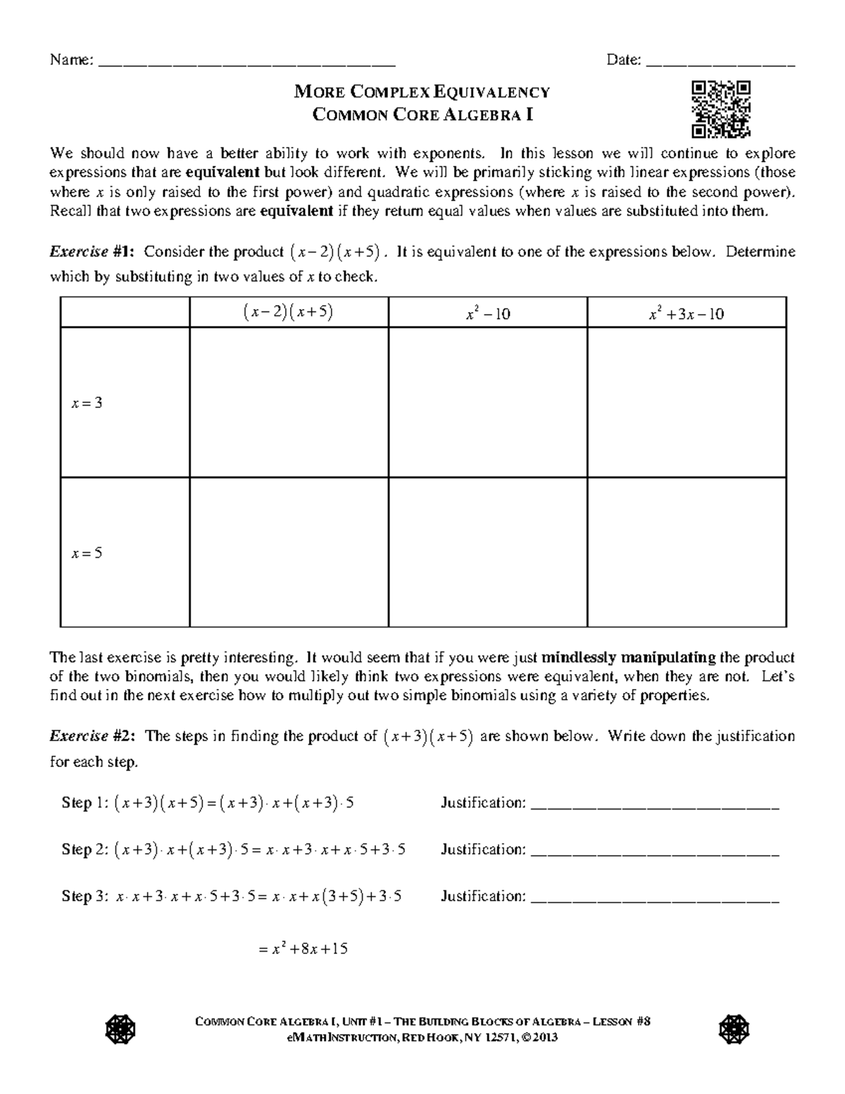 Math - More complex equivalency in lesson 1-8 - Name