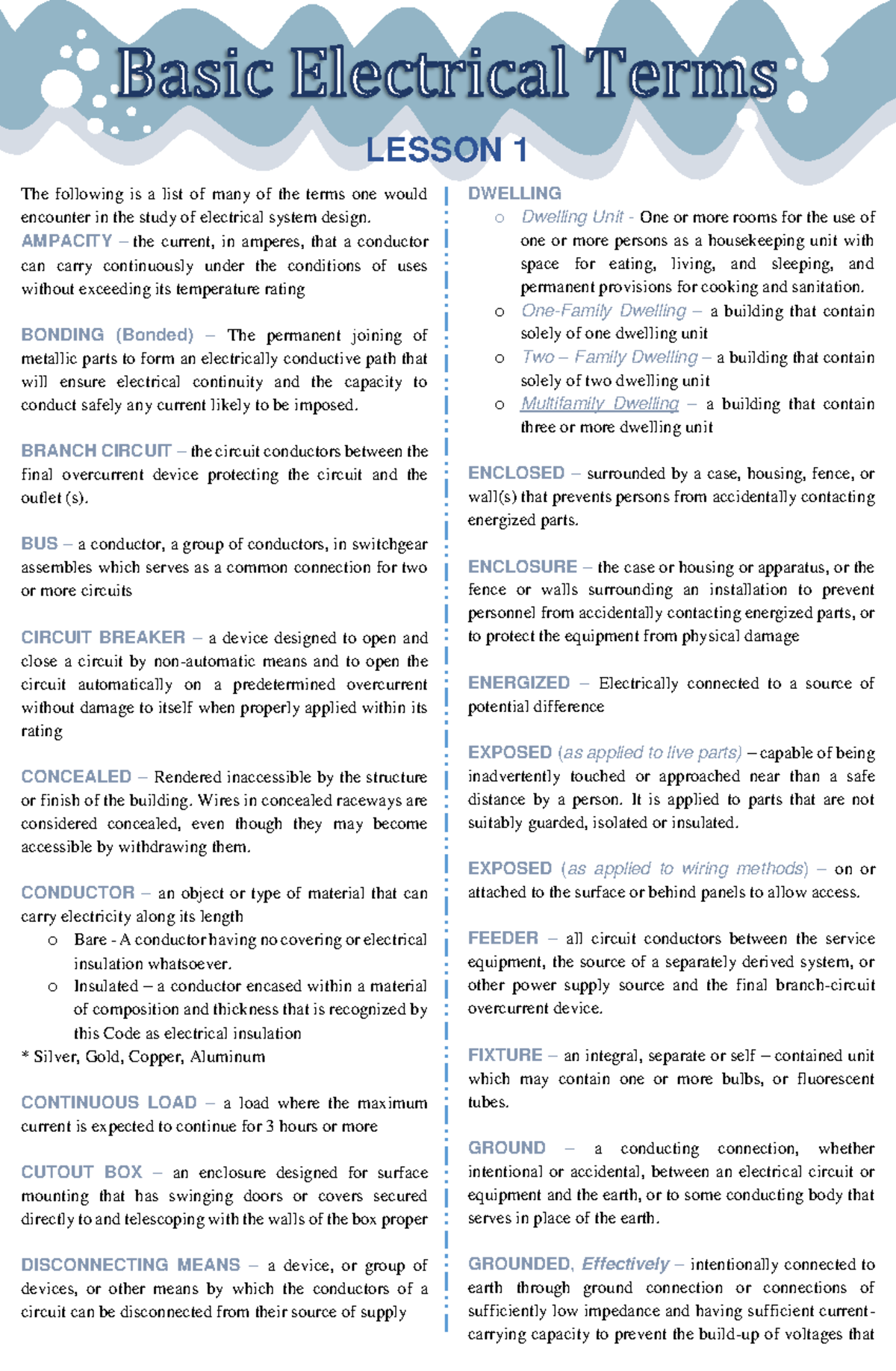 Engineering Utilities Notes - LESSON 1 The following is a list of many ...