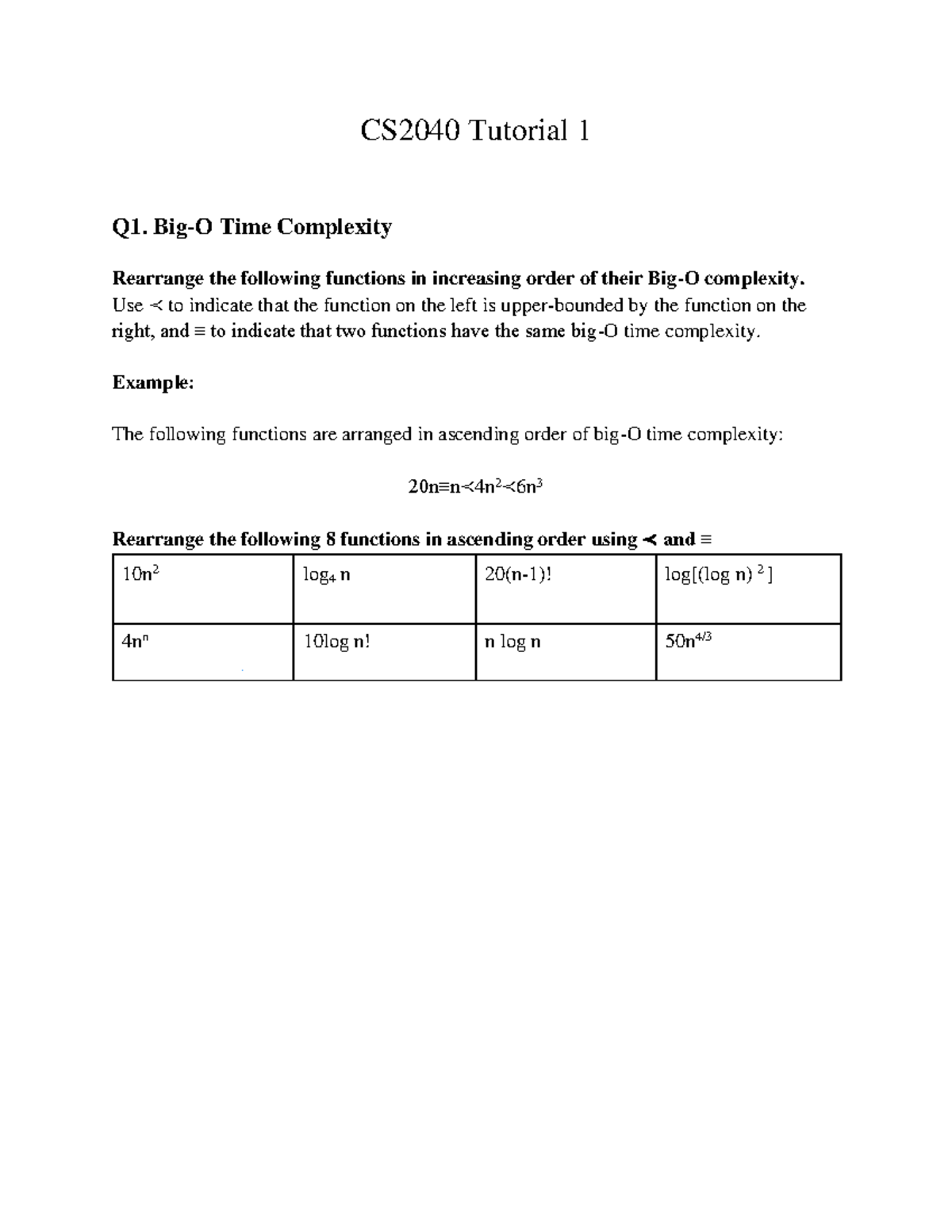Cs2040de Tutorial 1 Cs2040 Tutorial 1 Q1 Big O Time Complexity Rearrange The Following