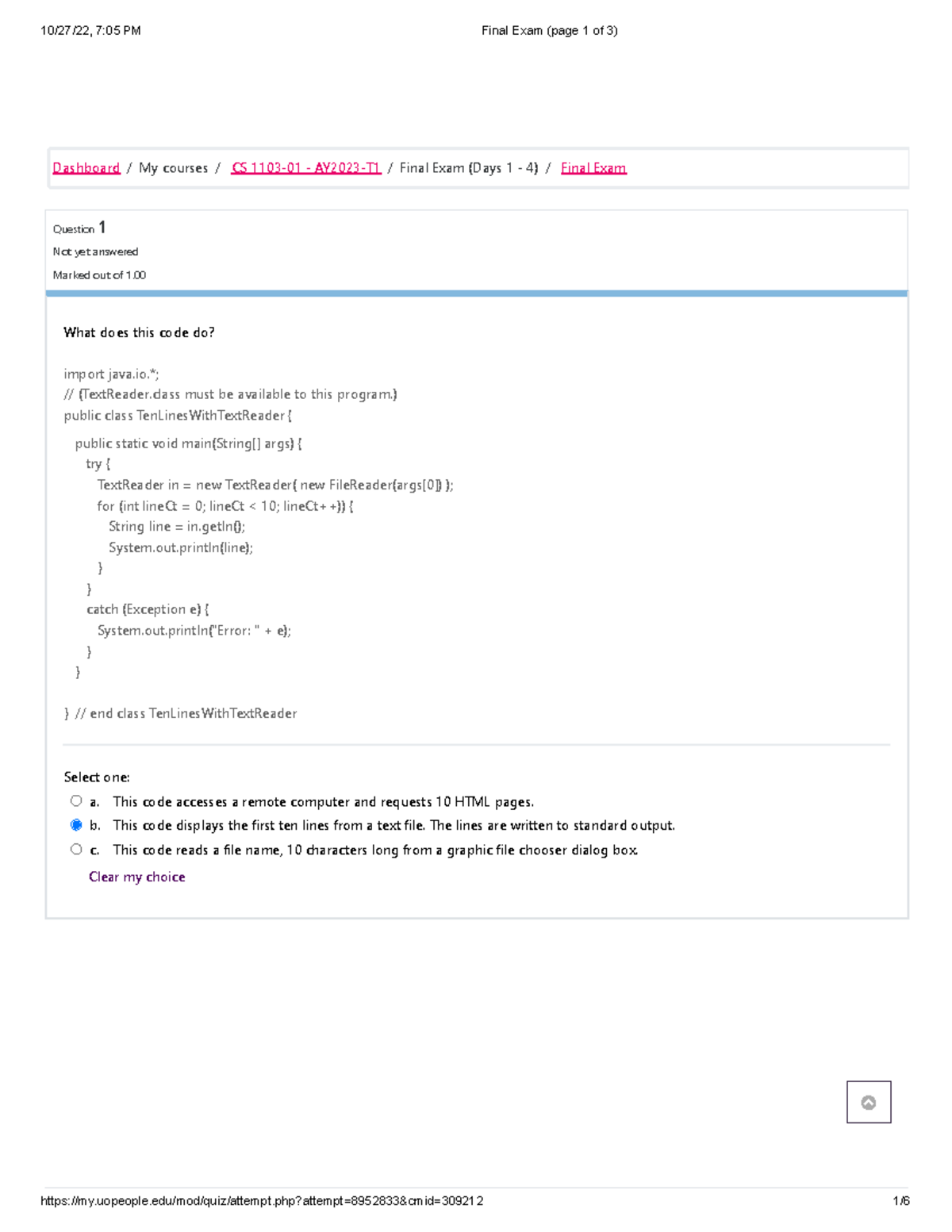 CS 1103-01 - AY2023-T1 - Final Exam (page 1 of 3) - Question 1 Not yet answered Marked out of 1 ...