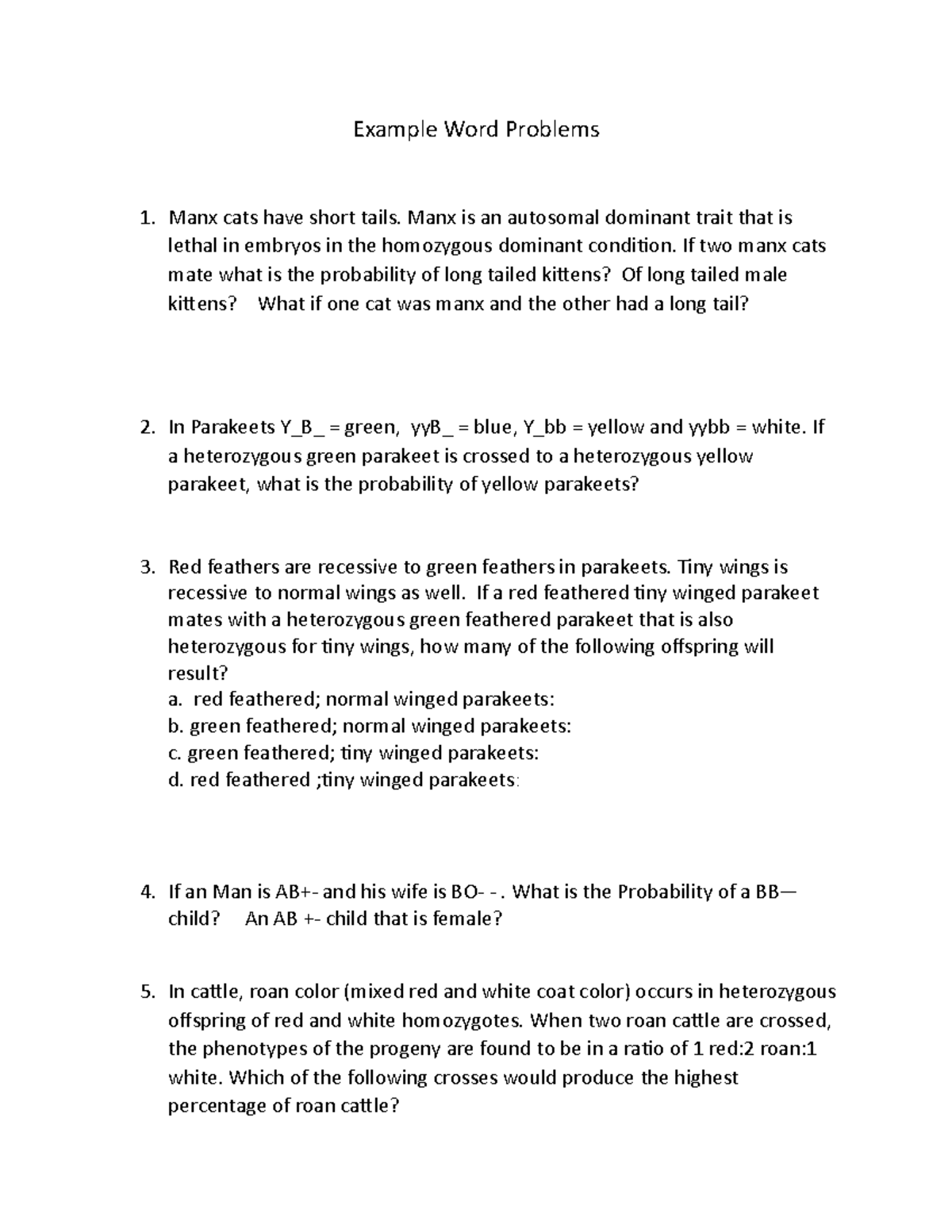 Example Word Problem - Example Word Problems Manx cats have short tails ...