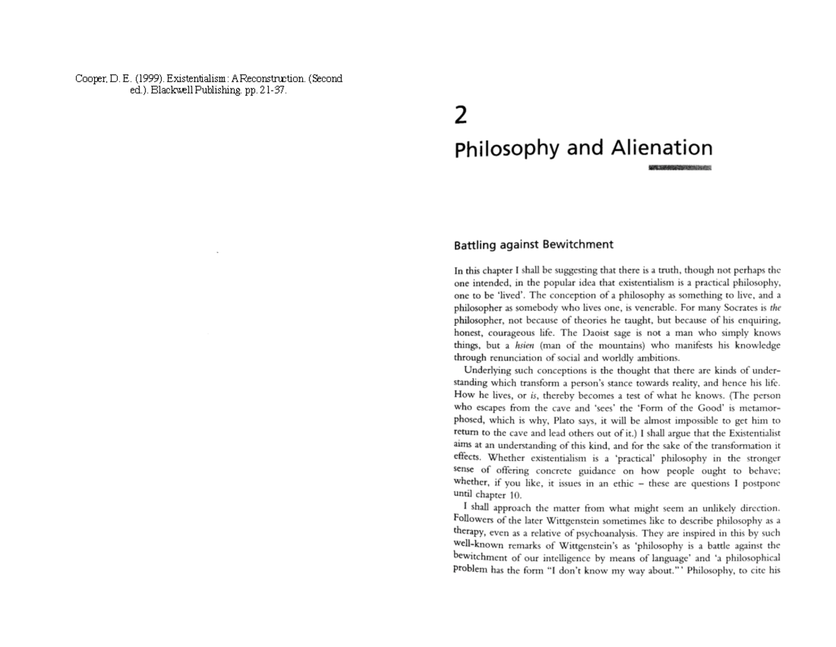 1. Cooper 1999 - NOTES - 2 Philosophy and Alienation Battling against ...
