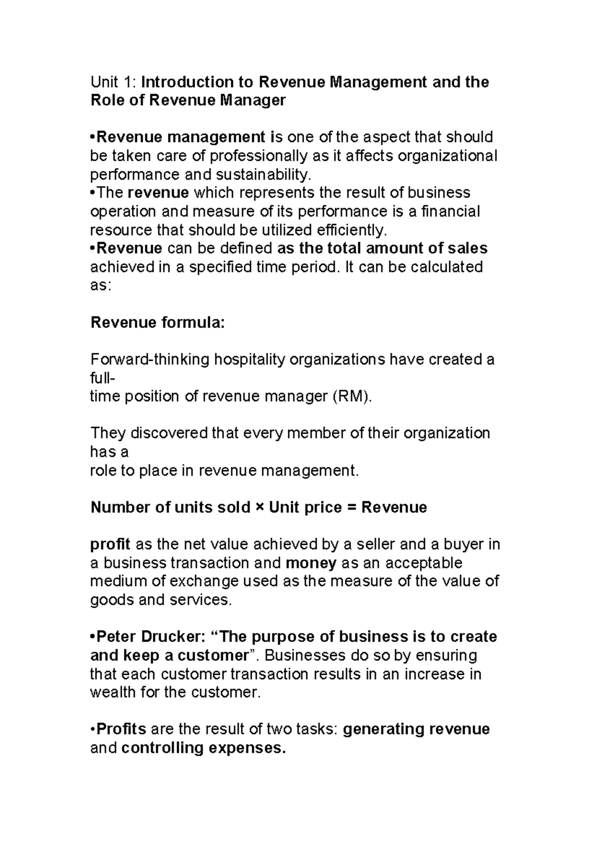 Reviewer in Revenue management - Unit 1: Introduction to Revenue ...