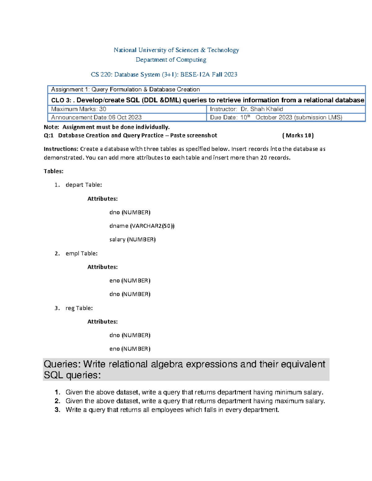 Assignment # 1 - National University of Sciences & Technology Department of Computing CS 220 ...