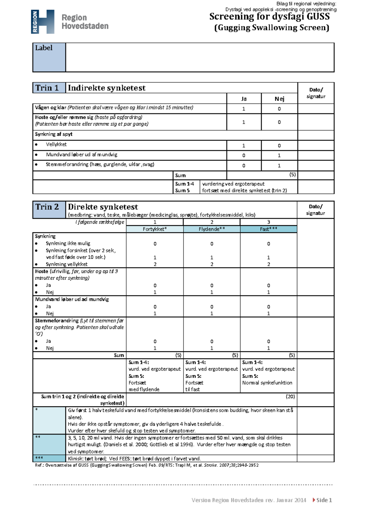 Bilag 1 Screening for dysfagi GUSS skema - Screening for dysfagi GUSS (Gugging Swallowing Screen ...