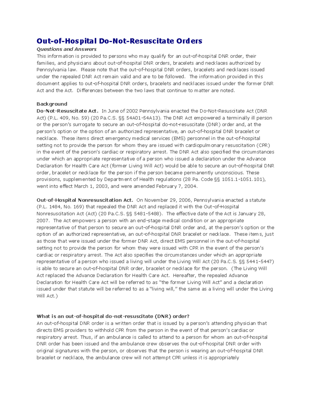 DNR Order - Questions and Answers - Out-of-Hospital Do-Not-Resuscitate ...