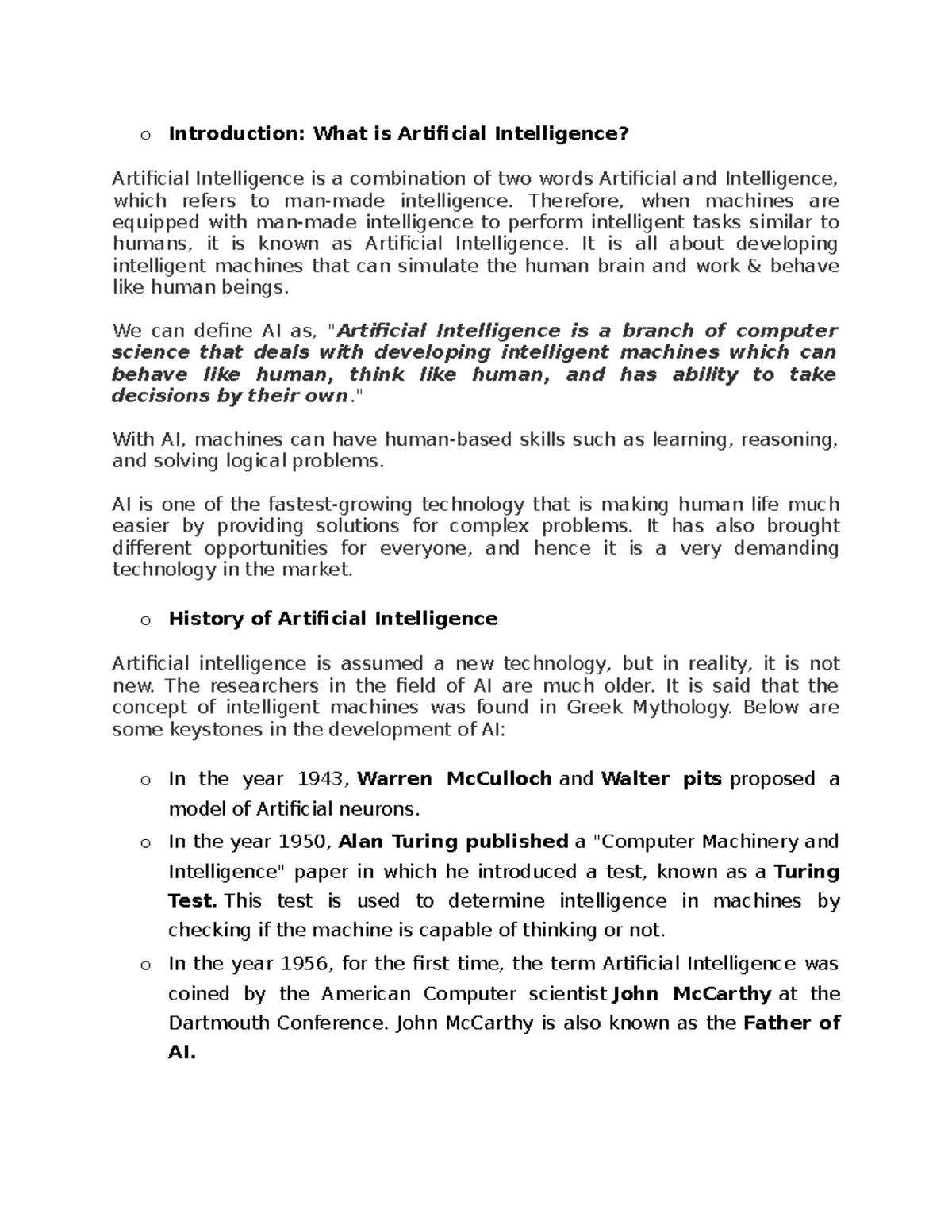 Introduction - First assignment - o Introduction: What is Artificial Intelligence? Artificial ...