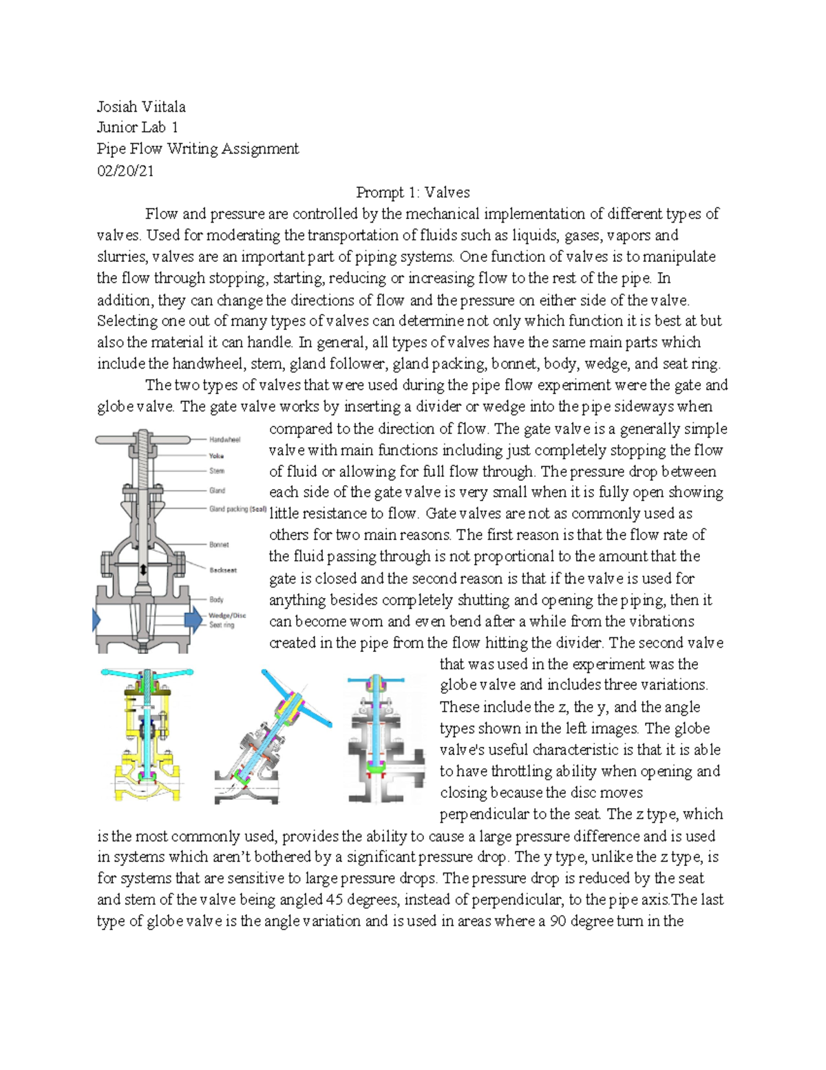 Individual Writing Assignment - Josiah Viitala Junior Lab 1 Pipe Flow ...