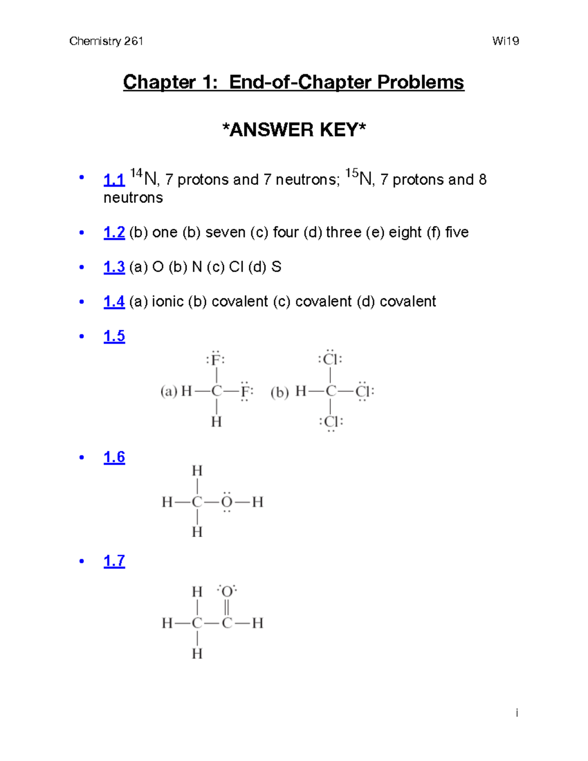 Ch1 Solomons Problems KEY - Chapter 1: End-of-Chapter Problems ANSWER KEY • 1 14 N, 7 protons ...