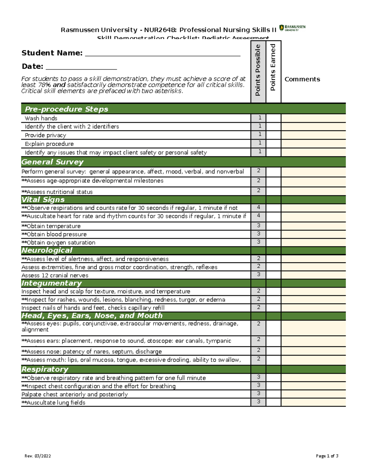 NUR2648 Skill Demonstration Checklist - Pediatric Assessment - Student ...