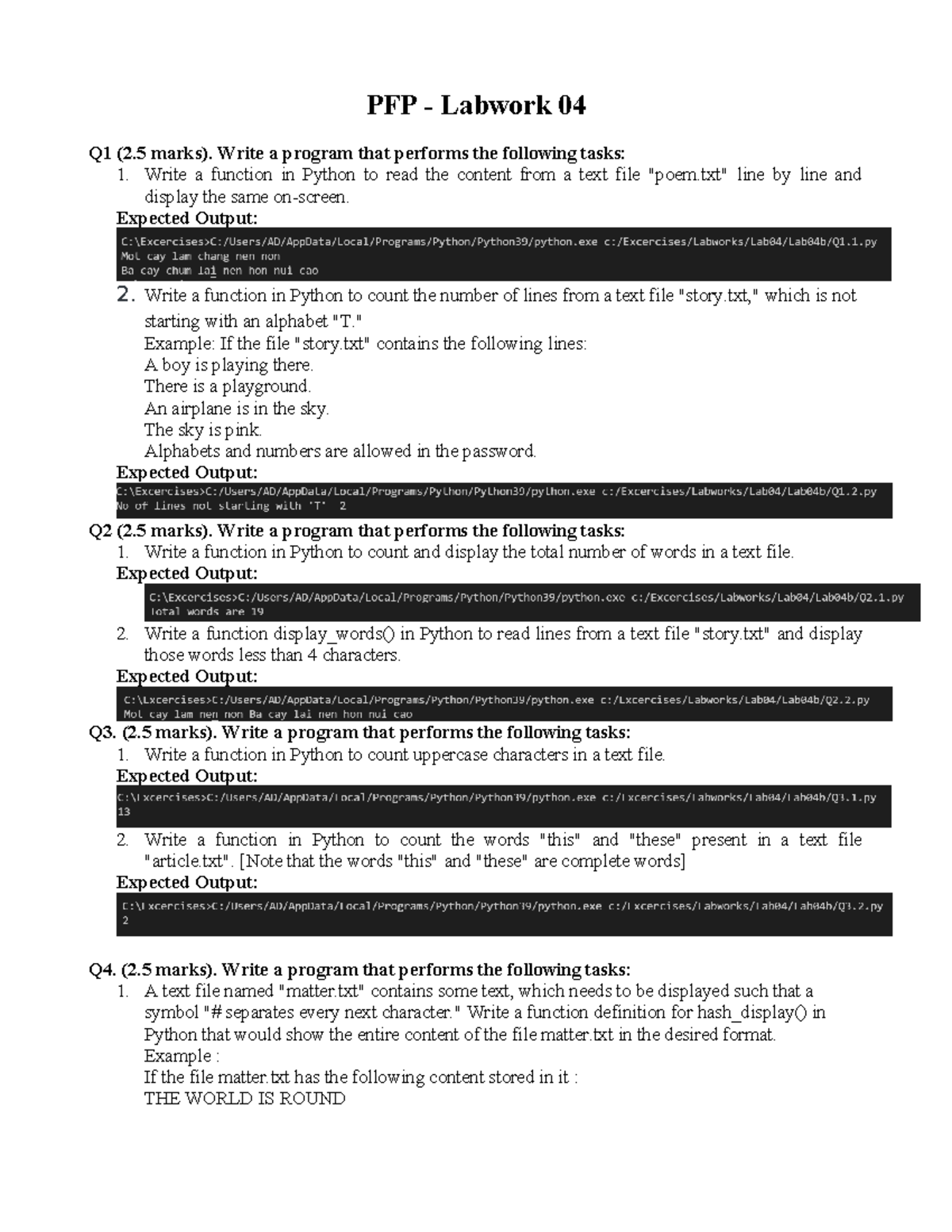 PFP191 Lab3 - PFP - Labwork 04 Q1 (2 marks). Write a program that performs the following tasks ...