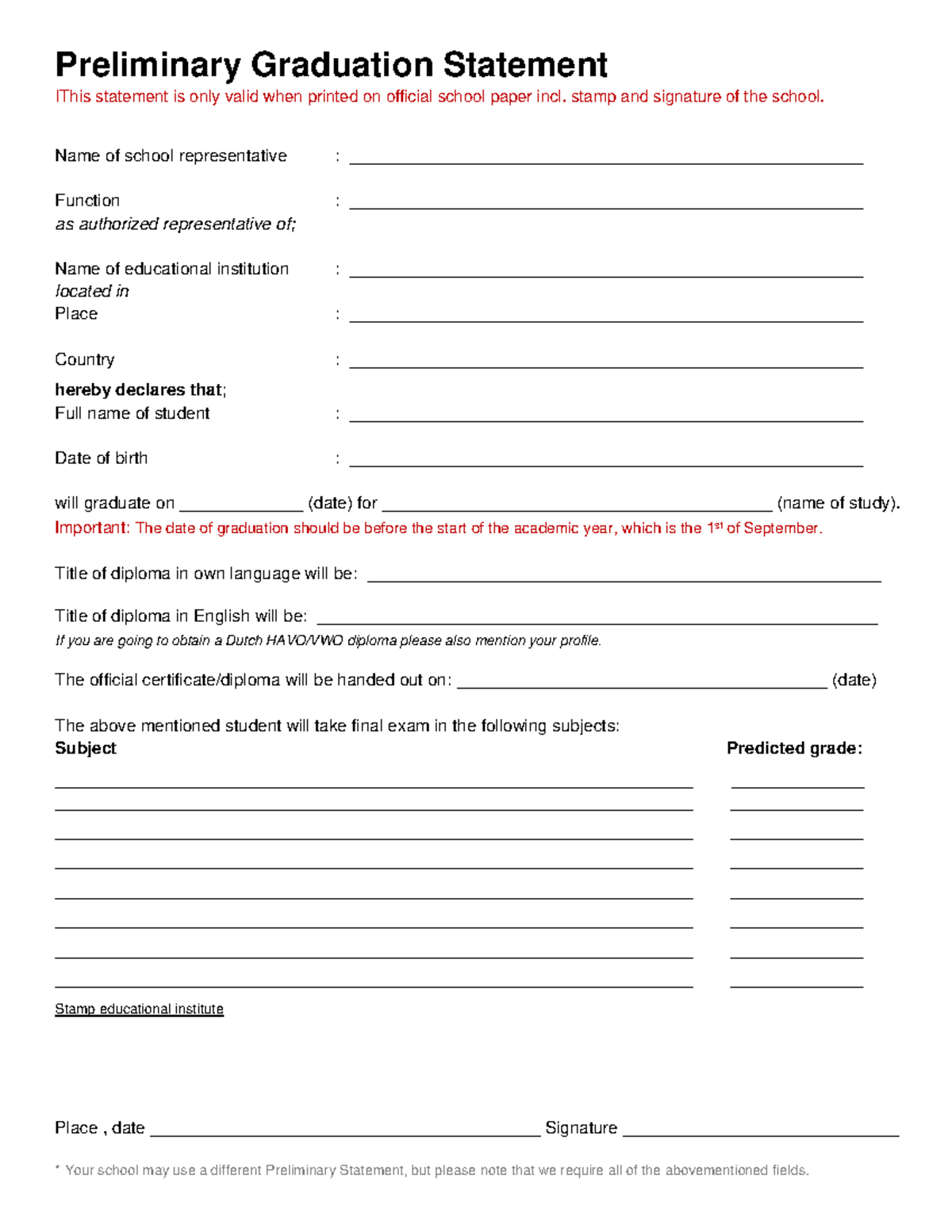 Preliminary Statement - Preliminary Graduation Statement !This ...