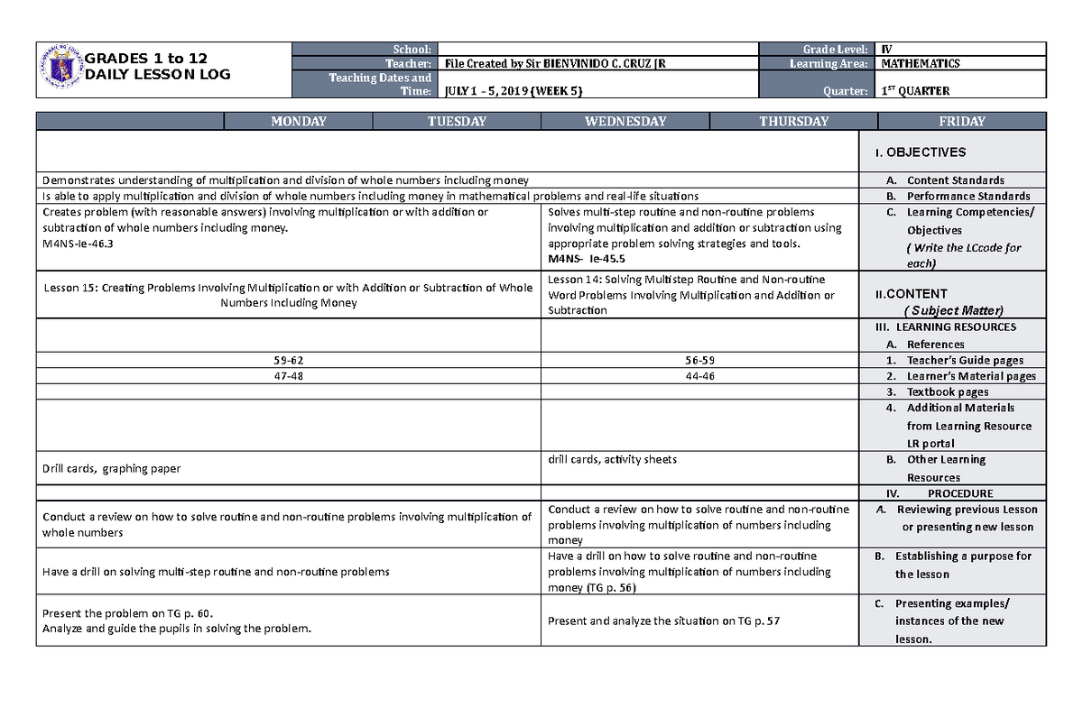 DLL Mathematics 4 Q1 W5 - hohohhnnhihlh - GRADES 1 to 12 DAILY LESSON ...