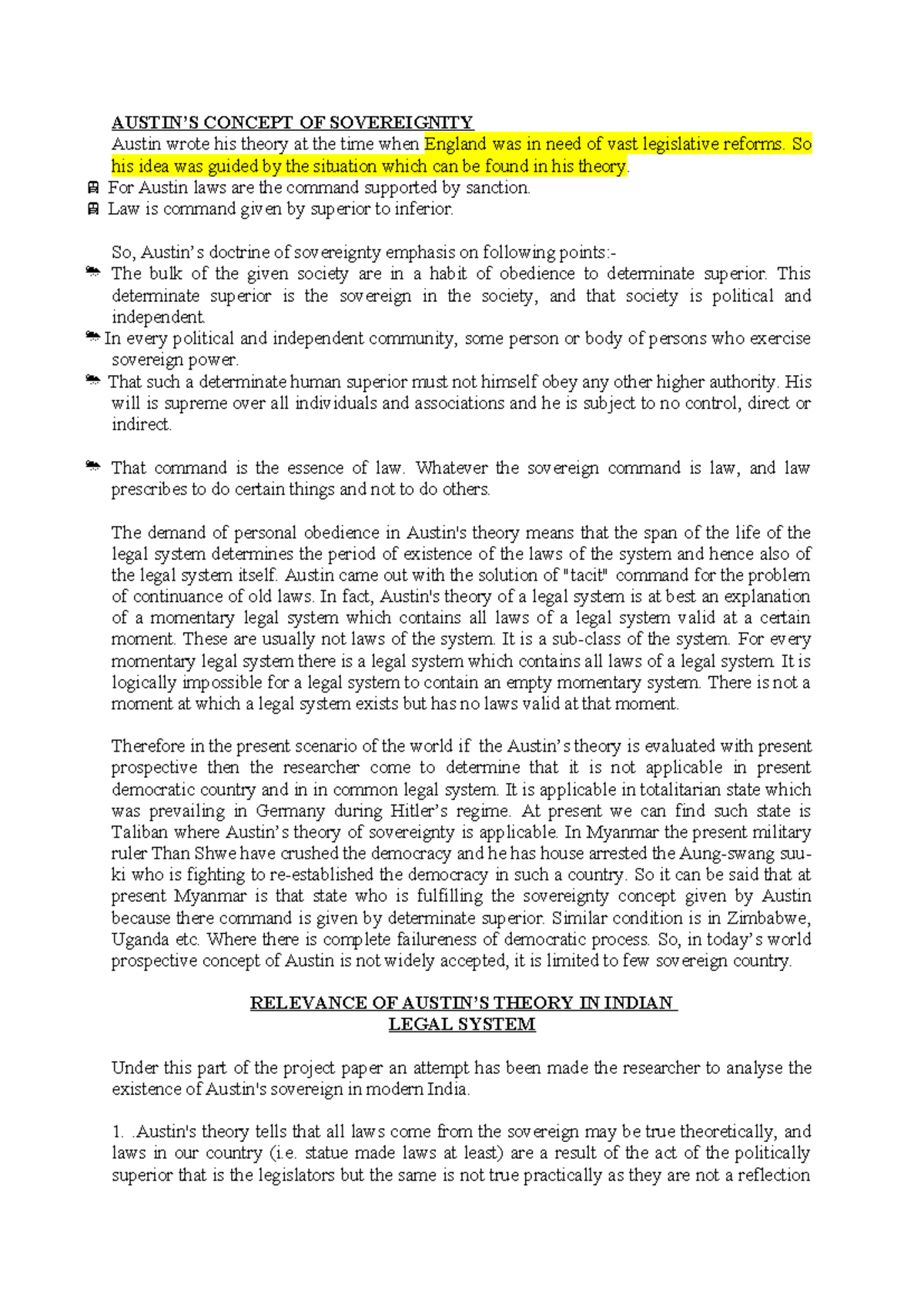 Austin theory of law - AUSTIN’S CONCEPT OF SOVEREIGNITY Austin wrote ...