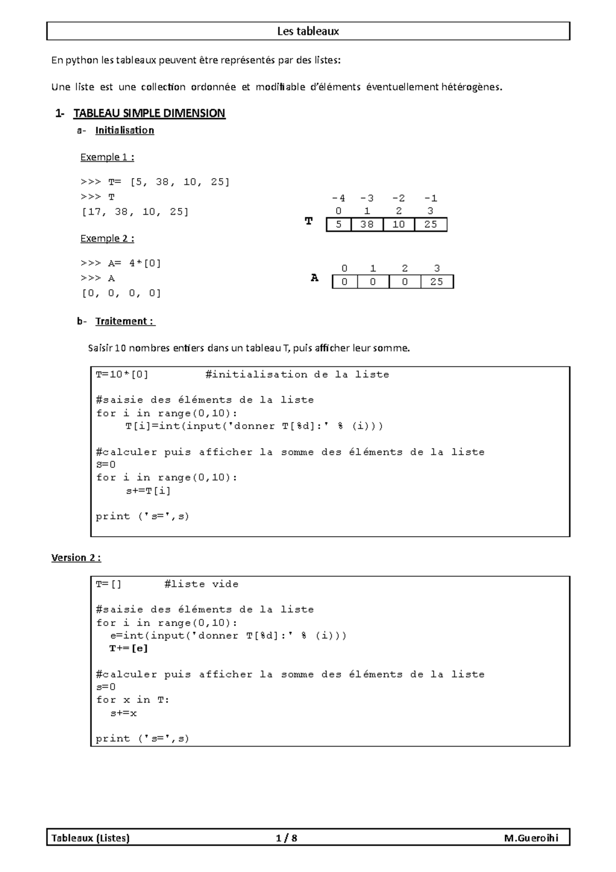 Tableaux - Les tableaux En python les tableaux peuvent être représentés ...
