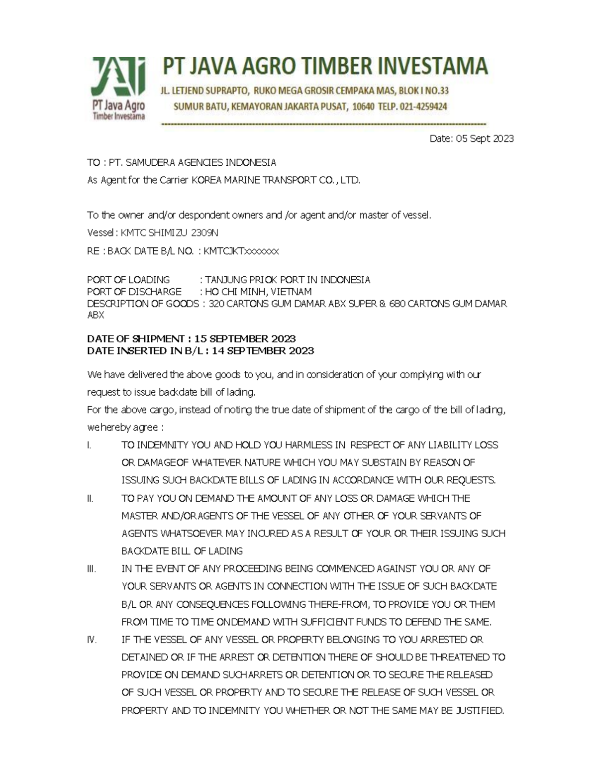 LOI Backdate EXP - abc - Date: 05 Sept 2023 TO : PT. SAMUDERA AGENCIES INDONESIA As Agent for ...