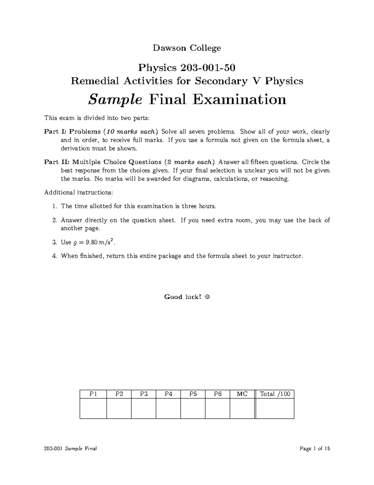 Kinematics practice exam - Dawson College Physics 203-001- Remedial ...