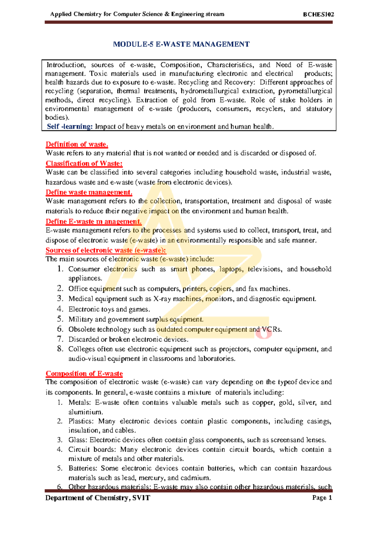 Bches 102 Mod5@Az Documents - MODULE-5 E-WASTE MANAGEMENT Introduction ...