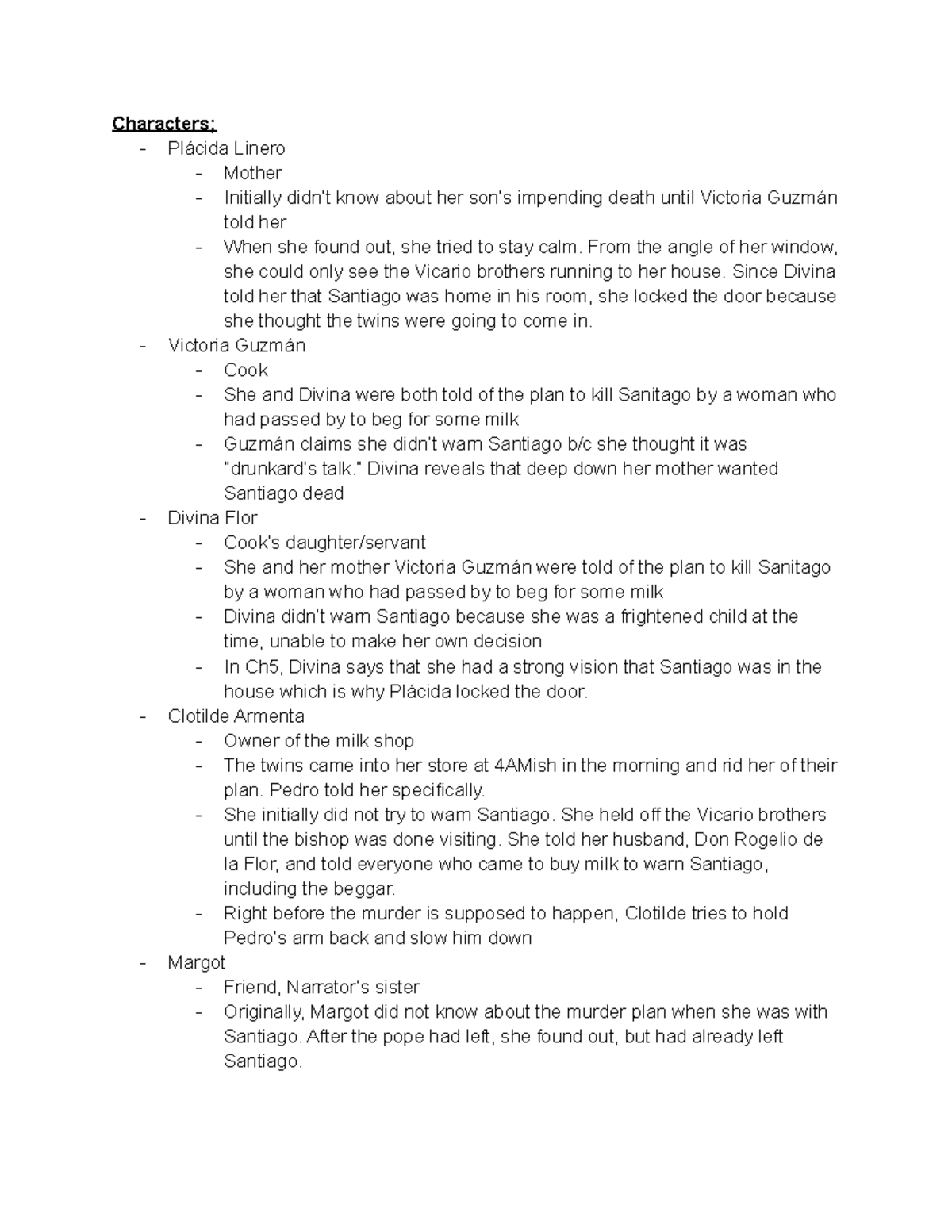 Chronicle of a Death Foretold study guide - Characters; - Plácida ...