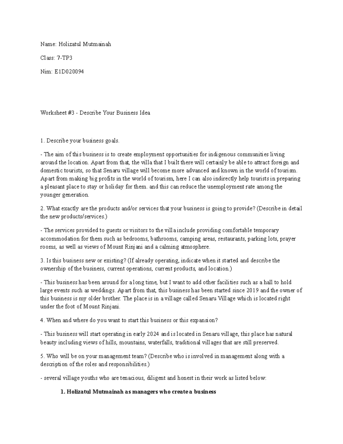 Holizatul Mutmainah-worksheet 3-4 - Name: Holizatul Mutmainah Class: 7 ...