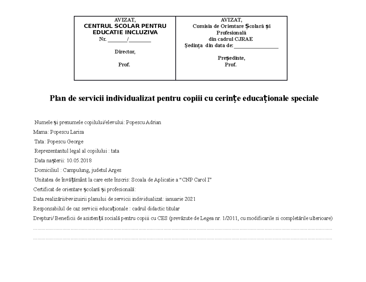 Plan servicii ces model - AVIZAT, CENTRUL SCOLAR PENTRU EDUCATIE ...