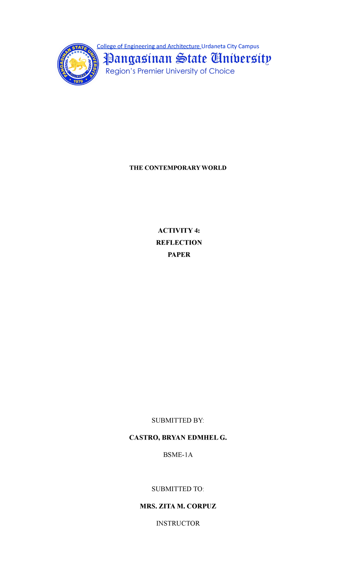 Castro Bryan Edmhel Reflection- Paper GE5-1 - The Contemporary World ...