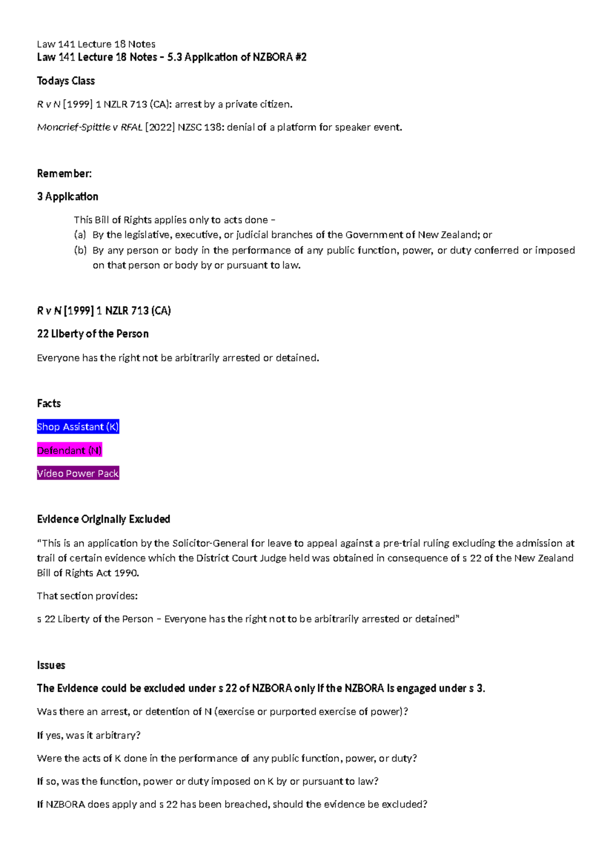 Law 141 Lecture 18 Notes - Law 141 Lecture 18 Notes – 5 Application of ...