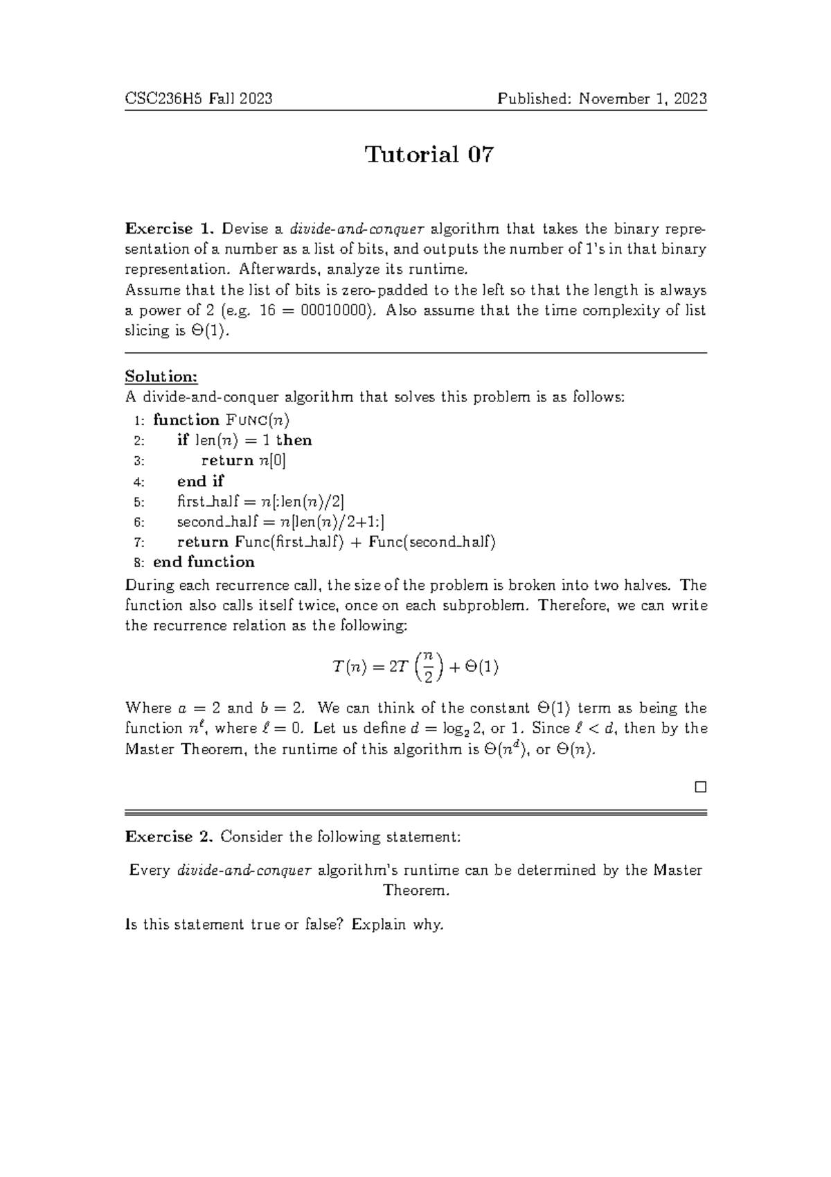 TUT07 - Tutorial of Professor Ahmed Umer Ashraf in Fall 2023 - Tutorial 07 Exercise 1. Devise a ...