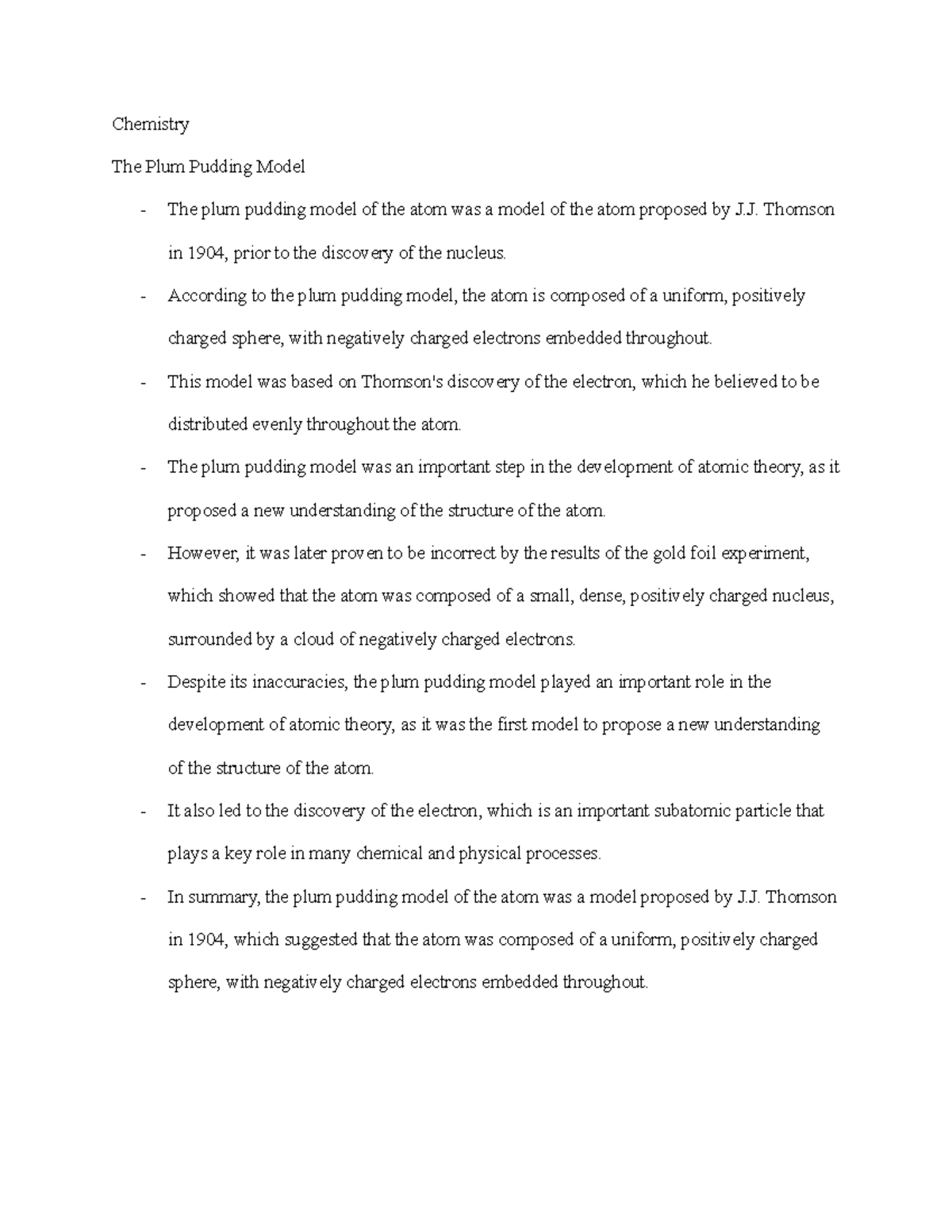 Chemistry-The Plum Pudding Model - Thomson in 1904, prior to the ...
