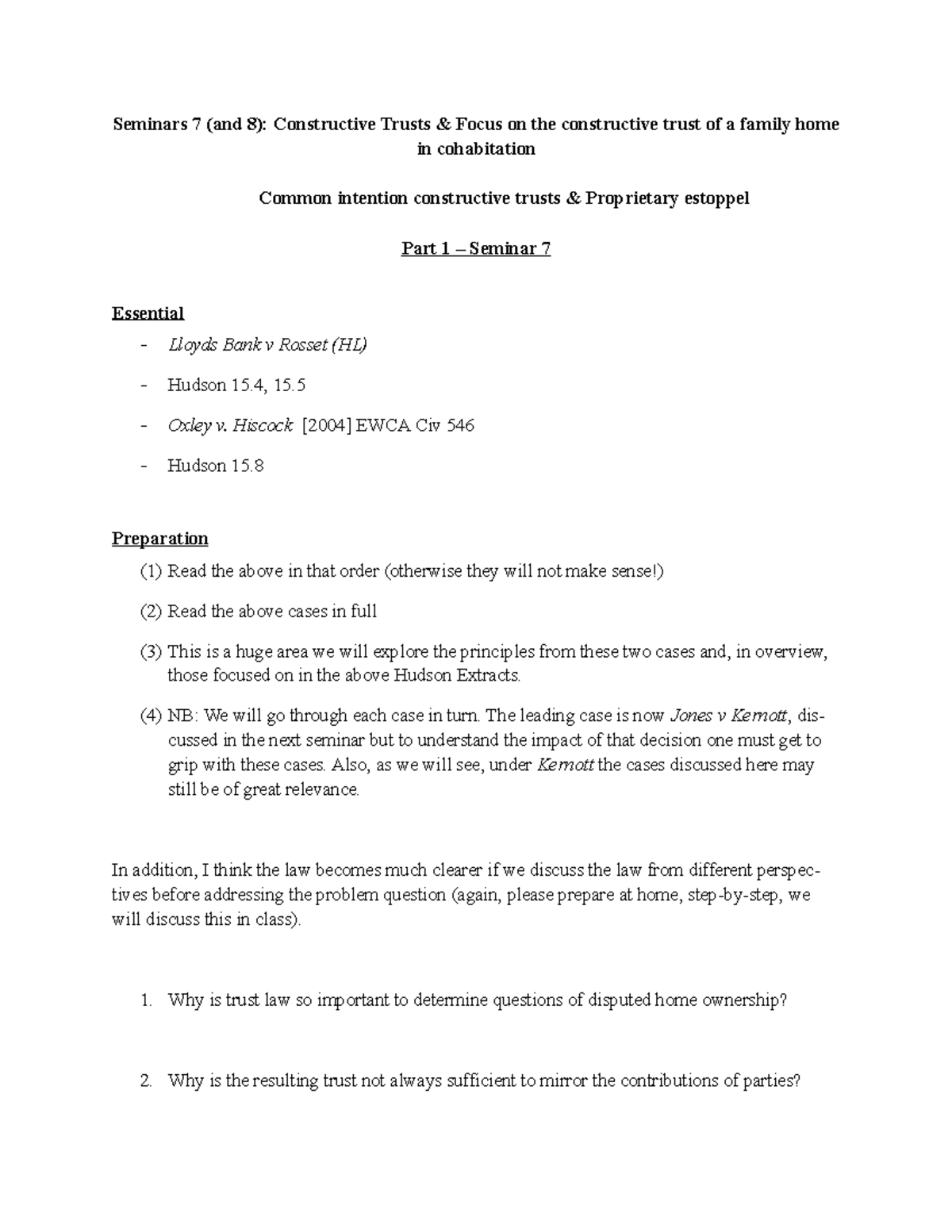 Seminars 7 Constructive Trust Common Intention on Home - Seminars 7 ...