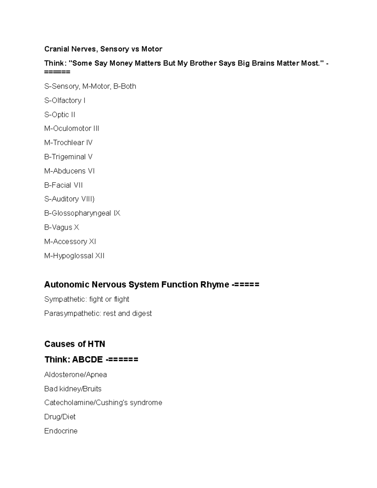 Mnemonics - helper sheets for class room assignments - Cranial Nerves ...