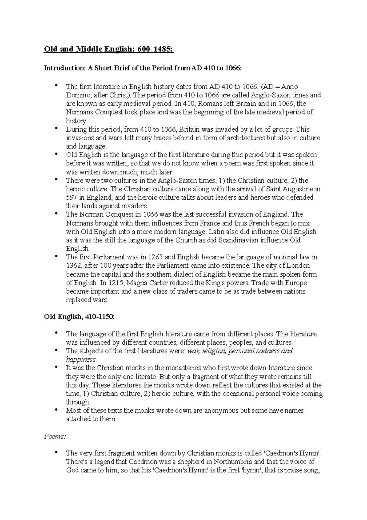 Literary History Old and Middle English - Old and Middle English: 600 ...