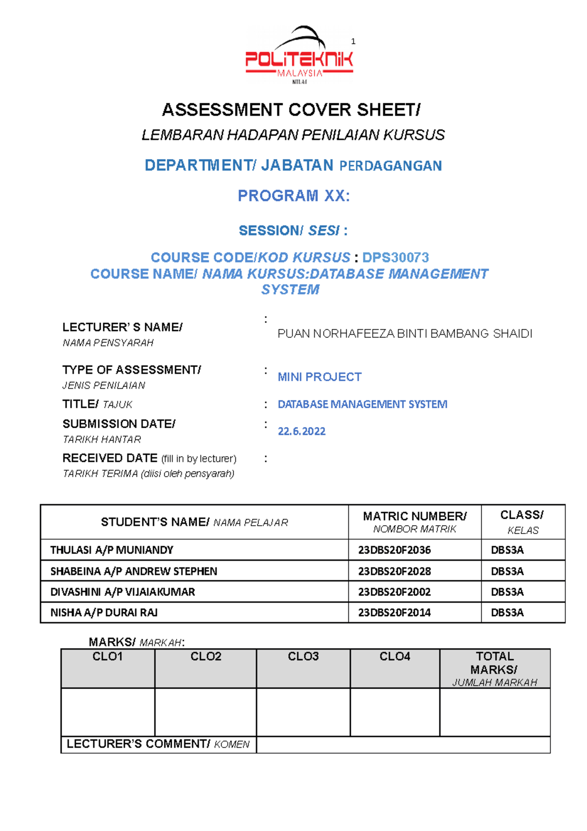 Report OF Database MINI Project( Bakery Inventory) - ASSESSMENT COVER ...