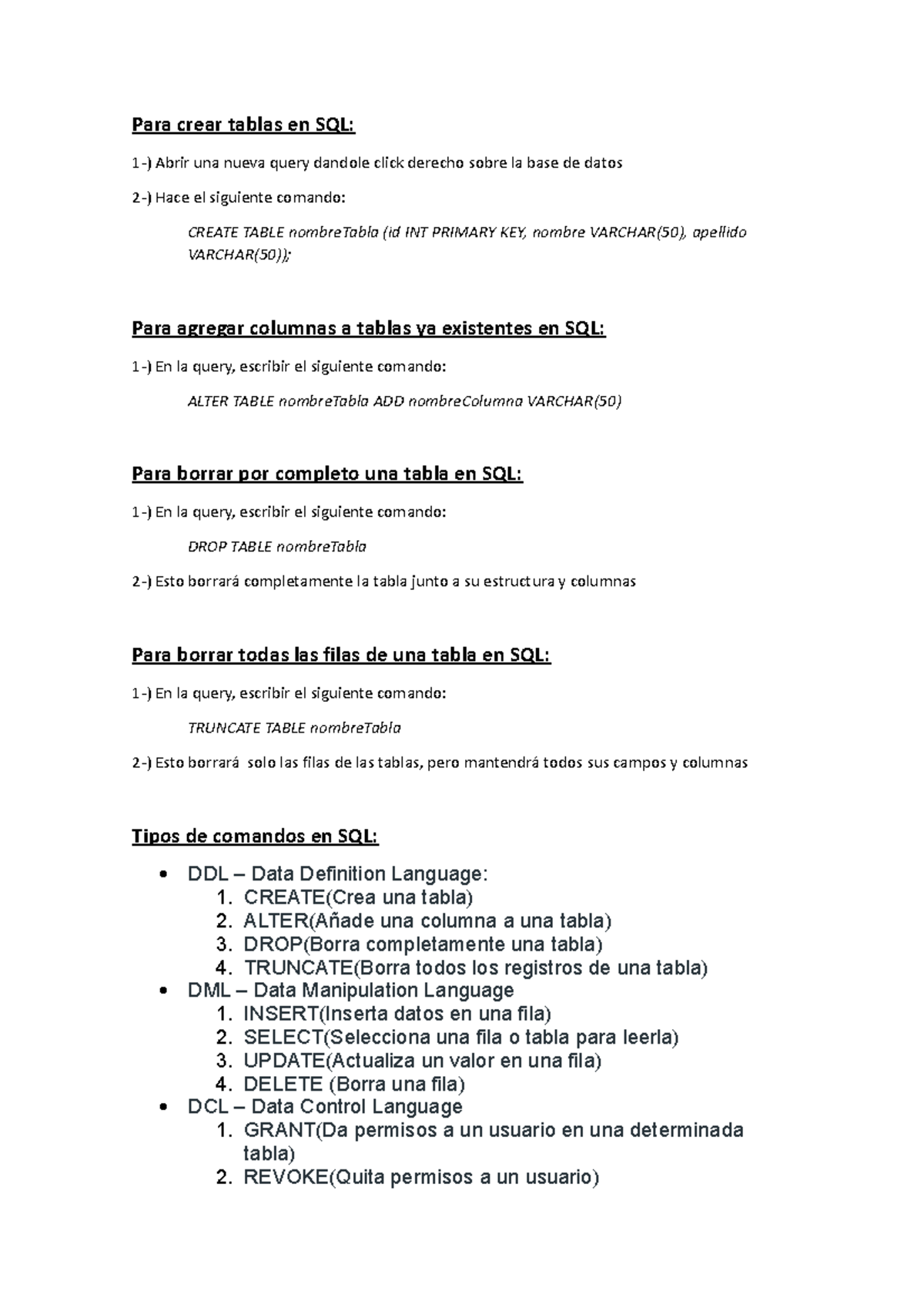 Curso SQL - Apuntes de SQL - Para crear tablas en SQL: 1-) Abrir una ...