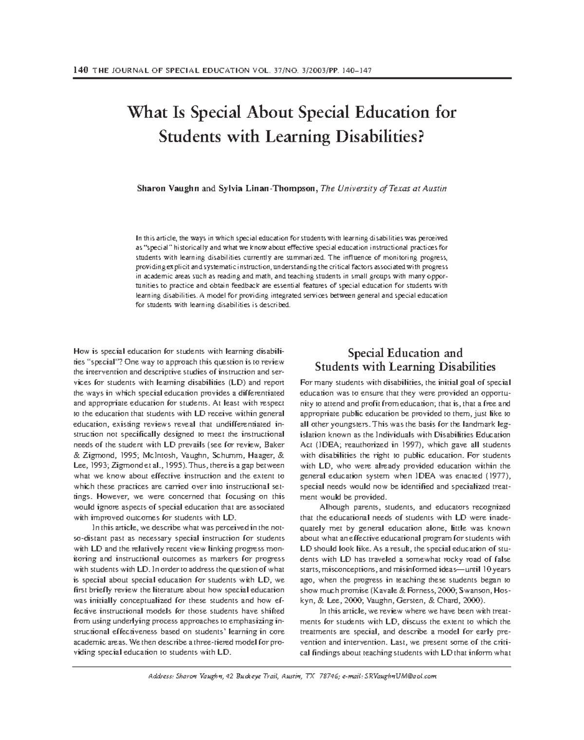 EJ785943 - Reading and writing - 140 THE JOURNAL OF SPECIAL EDUCATION ...