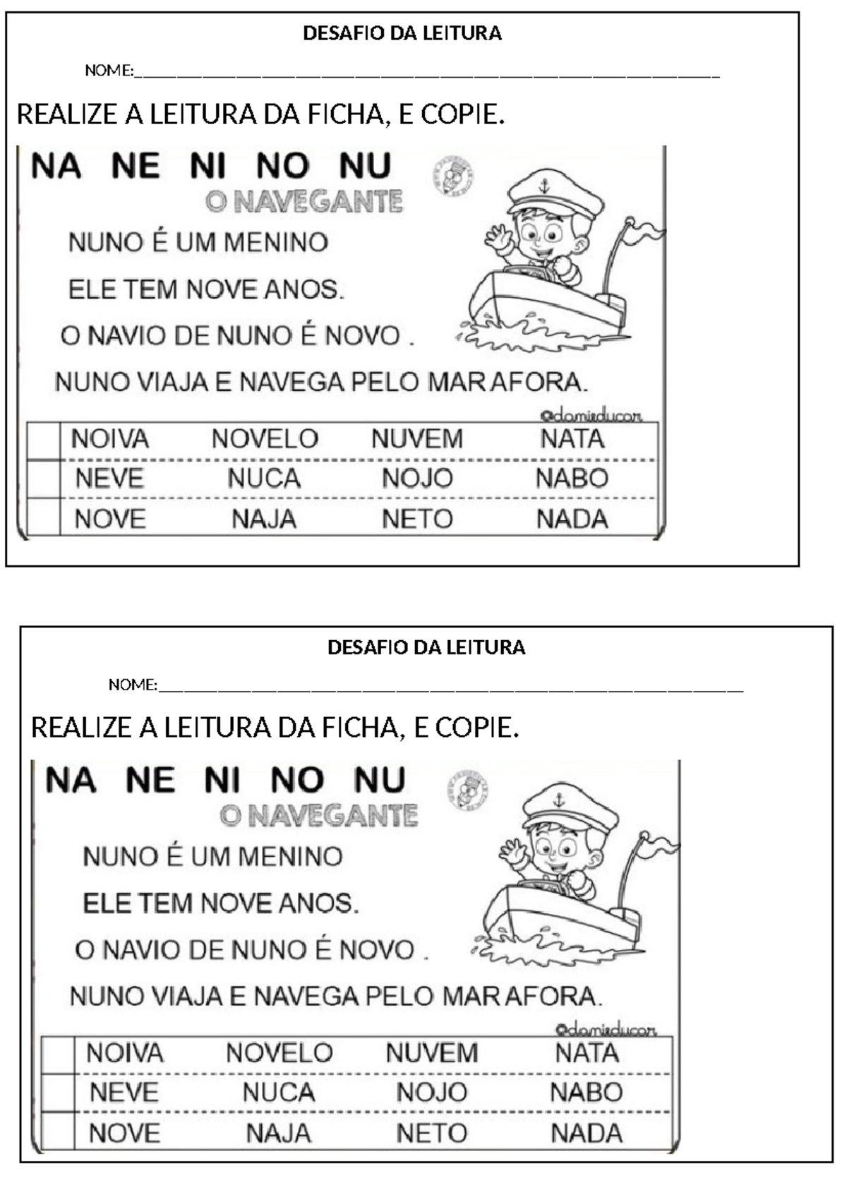 Ficha DE Leitura Letra N - leitura de projetos - DESAFIO DA LEITURA ...